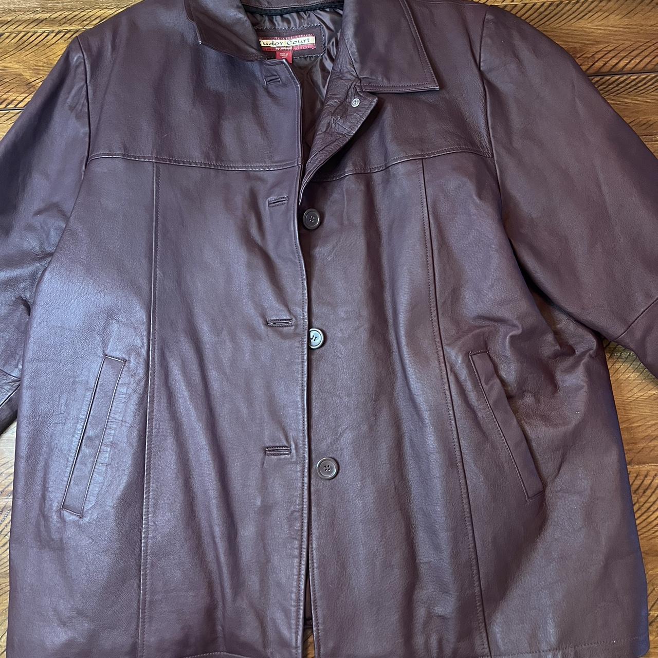 Tudor Court leather jacket size XL burgundy zipper... - Depop