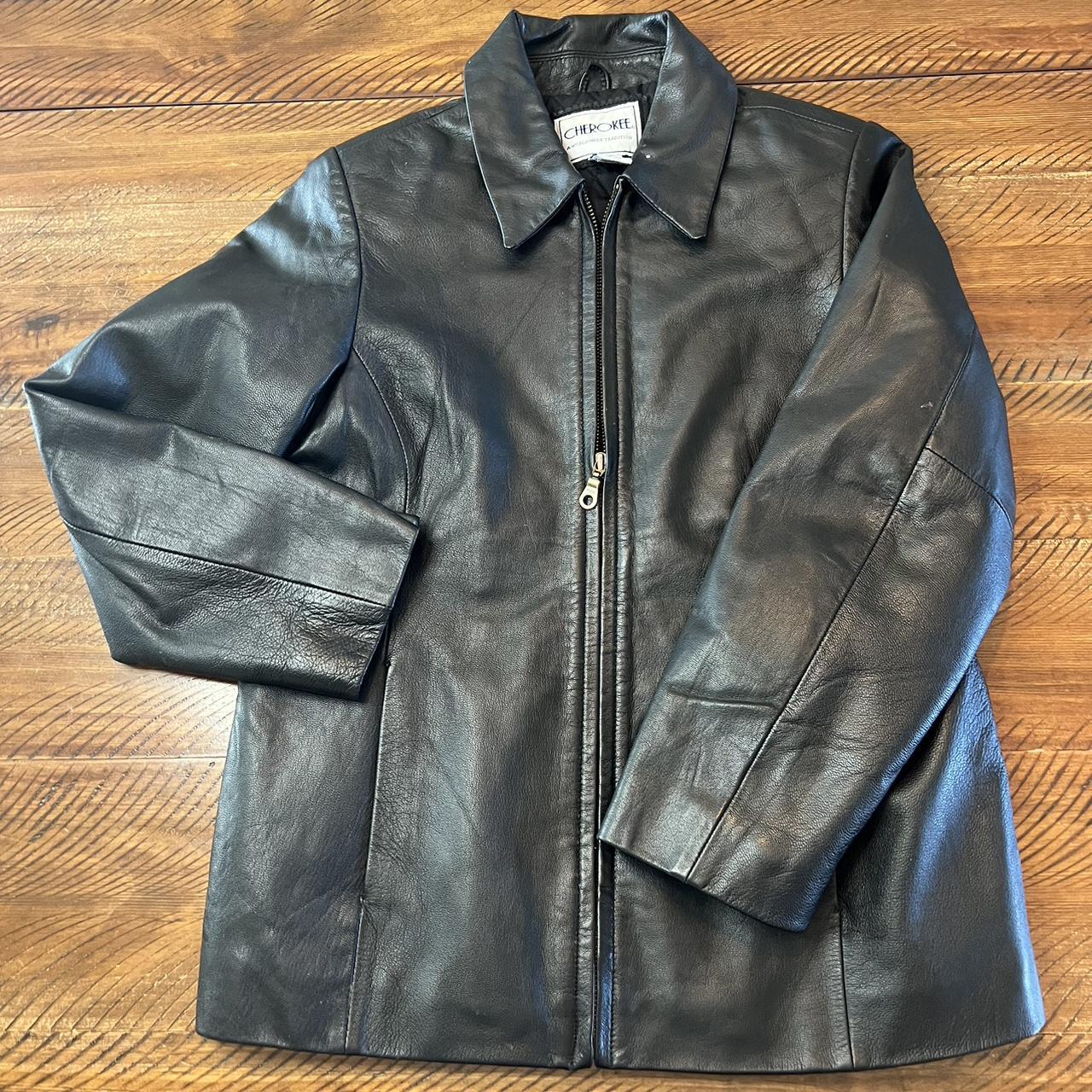 Cherokee genuine leather black jacket size L zipper... - Depop