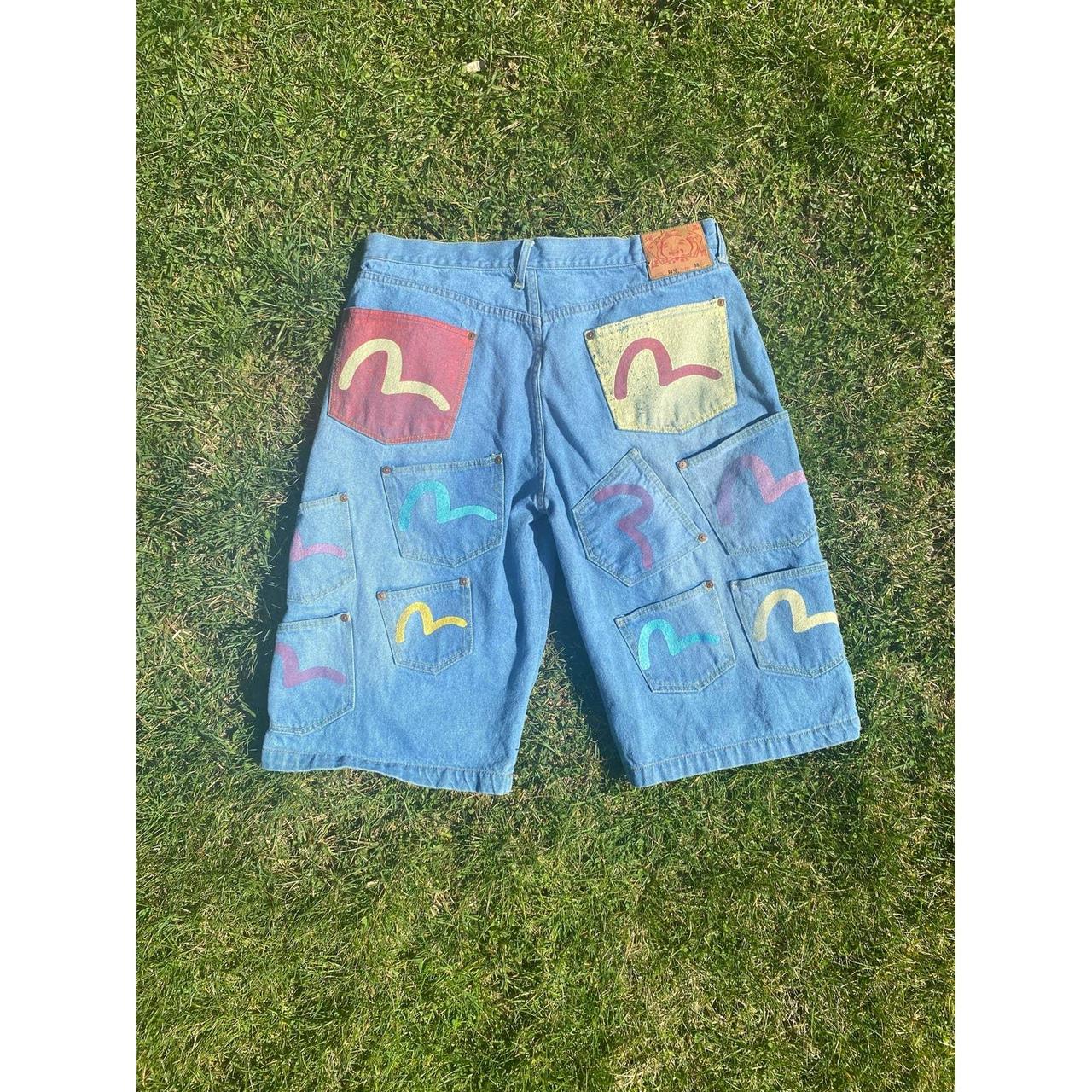 90s Evisu Allover Pocket Jean Shorts / Multicolor... - Depop