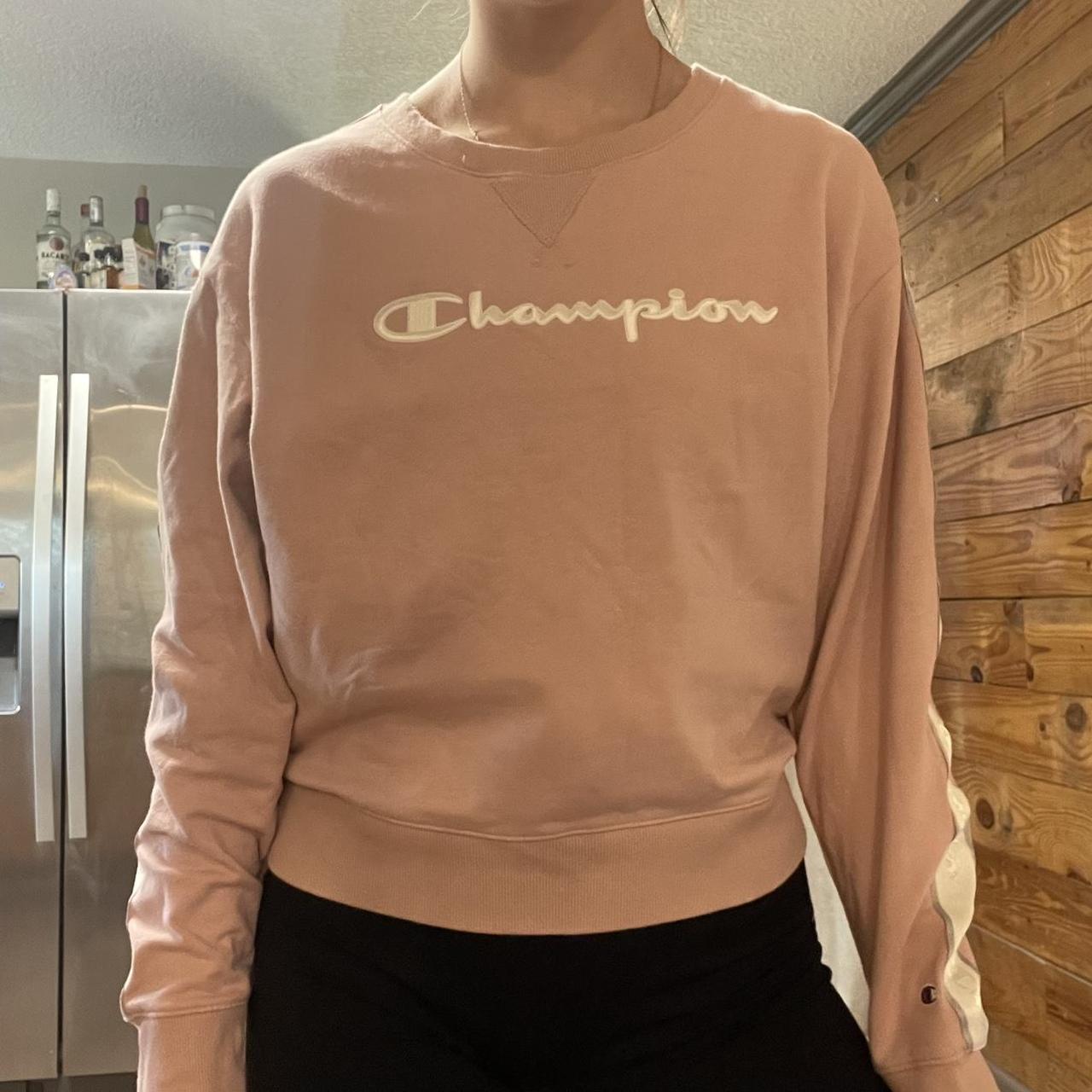 baby pink Champion pullover, logo down the sleeves... - Depop