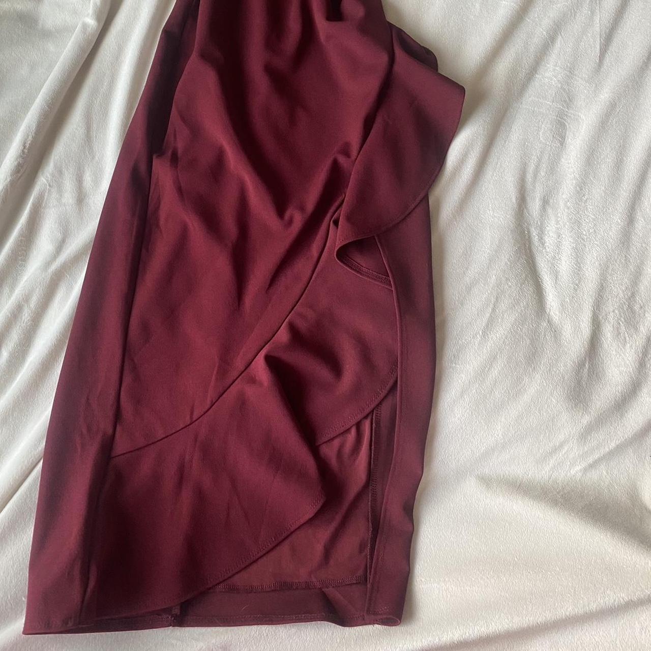 dark red/ maroon prom dress. has a front ruffle slit... - Depop