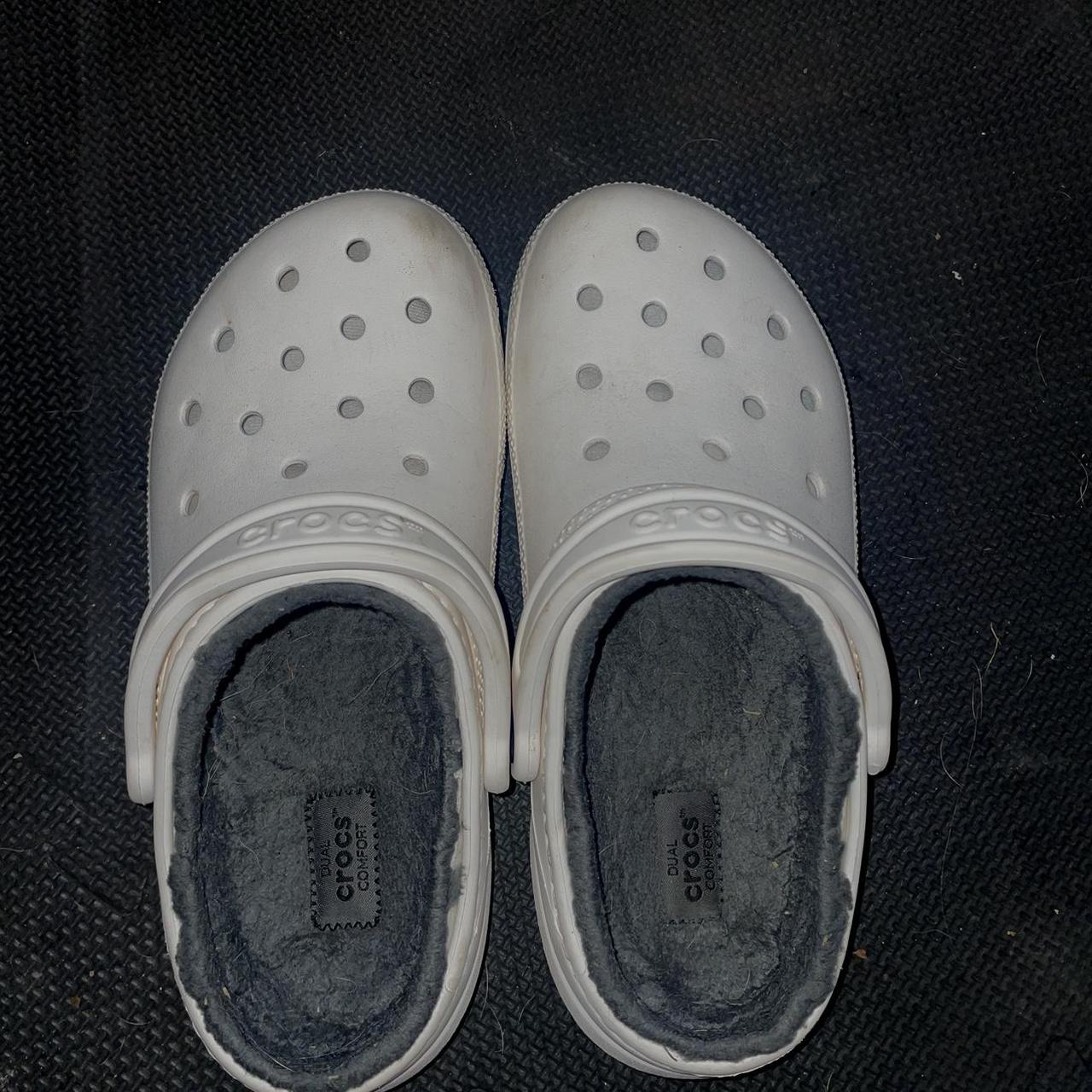 white fuzzy women’s size 7 crocs. bottoms are dirty... - Depop