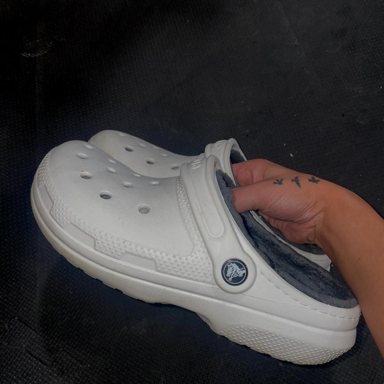 white fuzzy women’s size 7 crocs. bottoms are dirty... - Depop