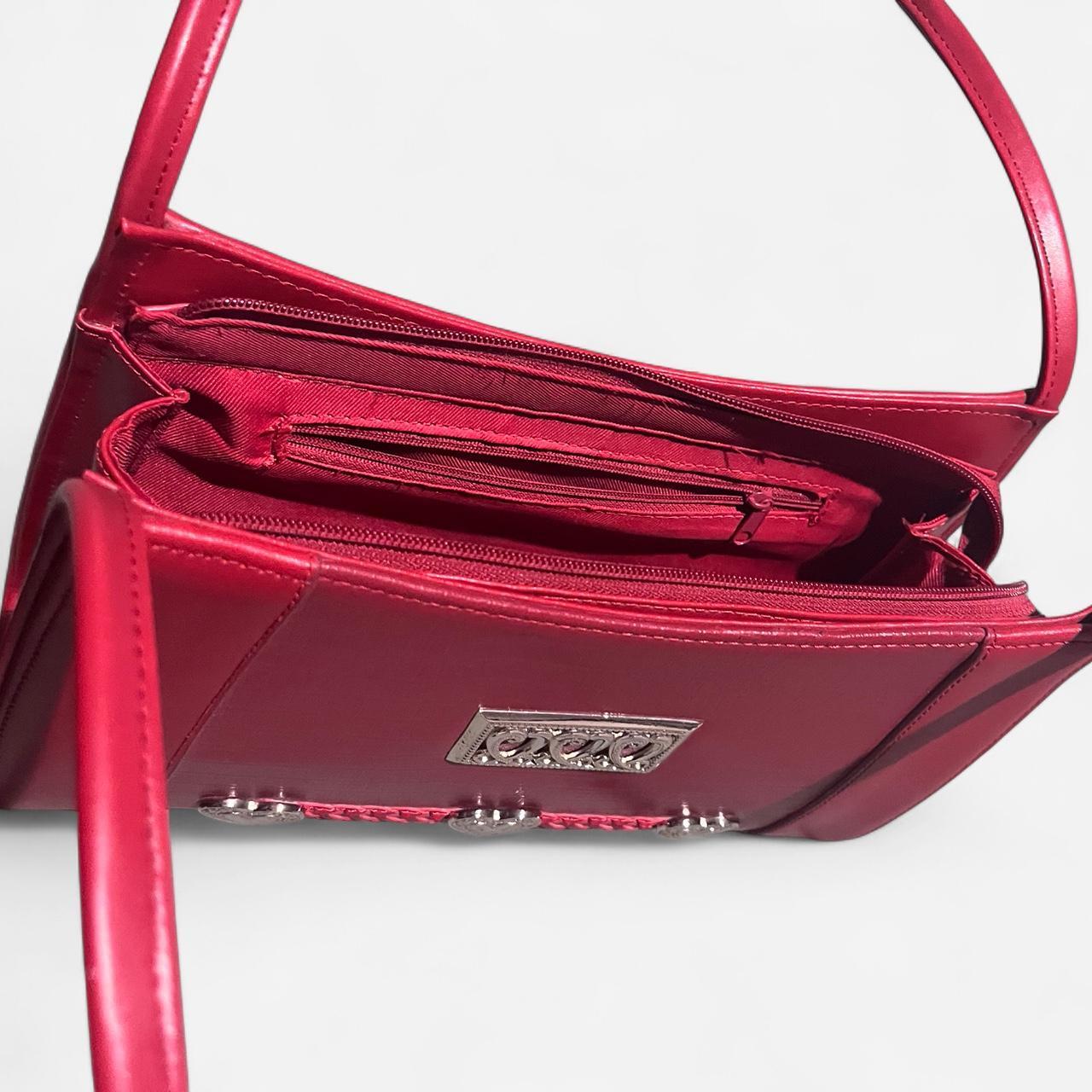 Red leather shoulder bag with silver hardware,... | Depop