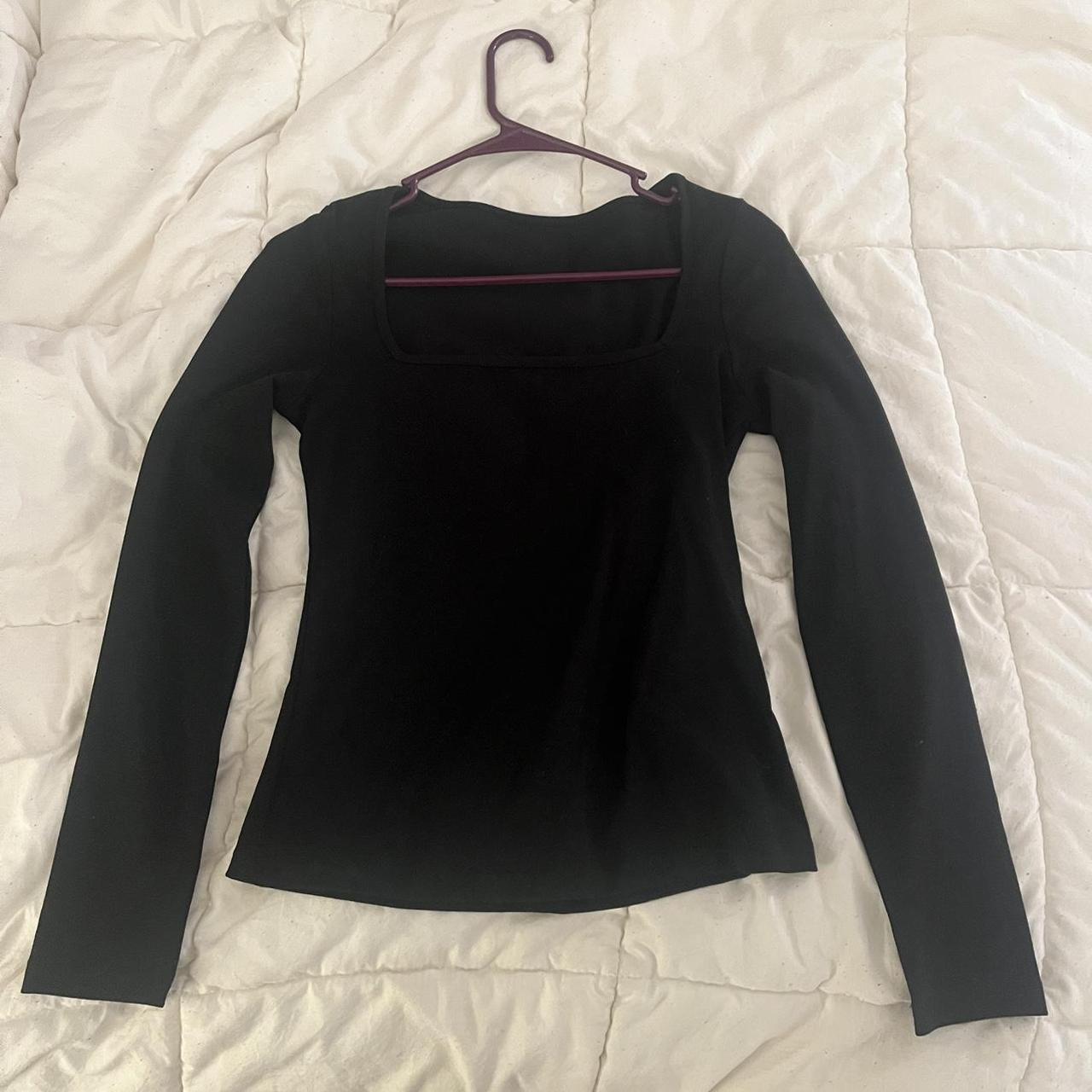 Basic Black Top -square neck, fitted and stretchy... - Depop