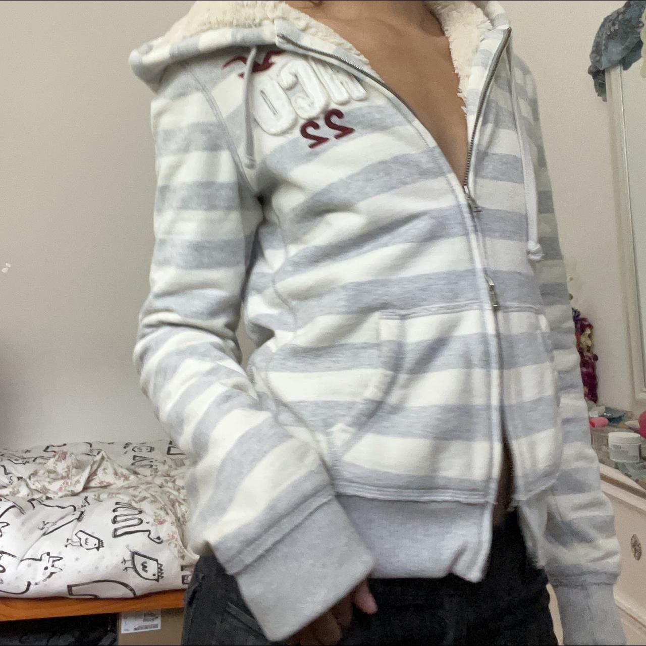 Vintage Hollister y2k fur jacket. Striped jacket... - Depop