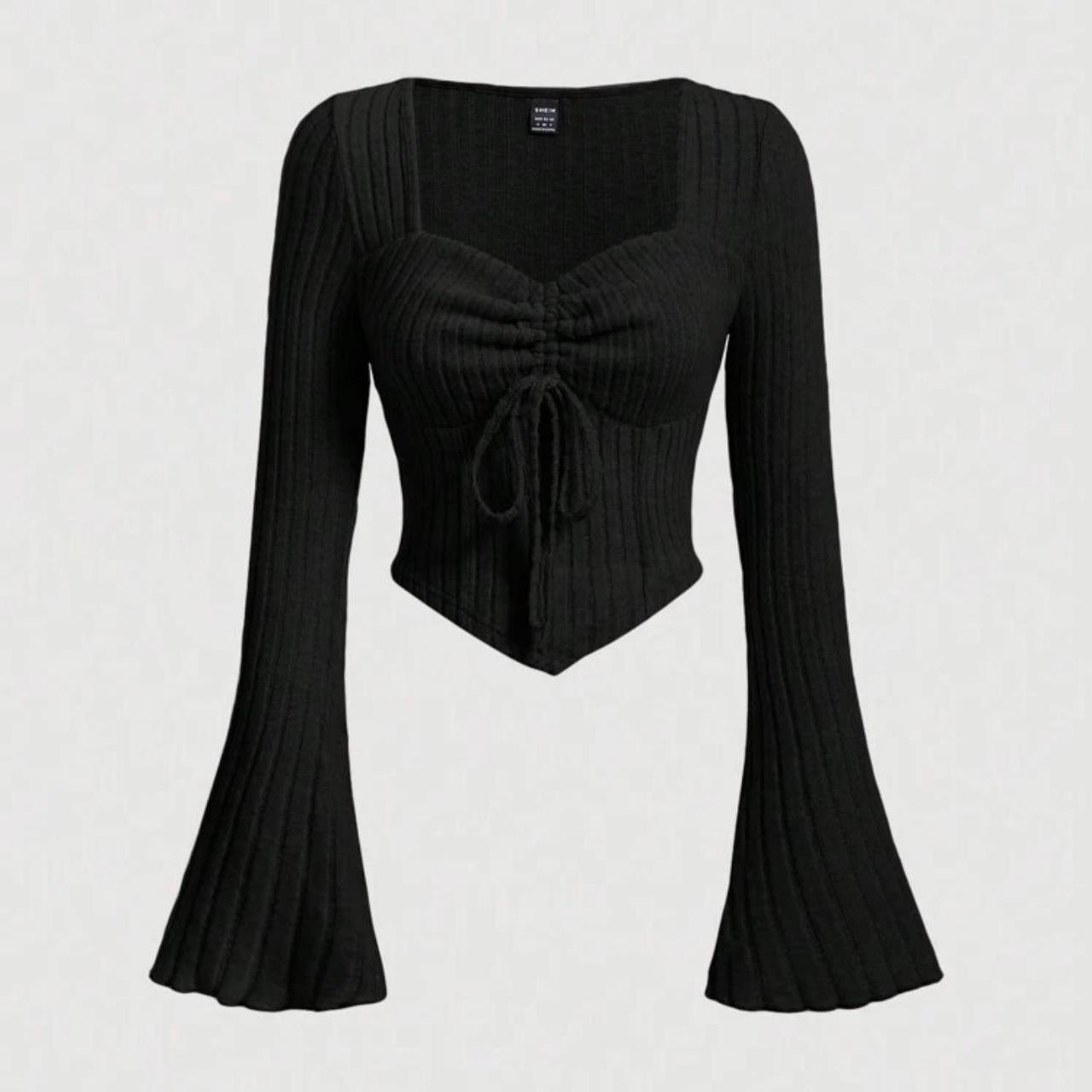 Black ribbed crop top with bell sleeves and tie... | Depop