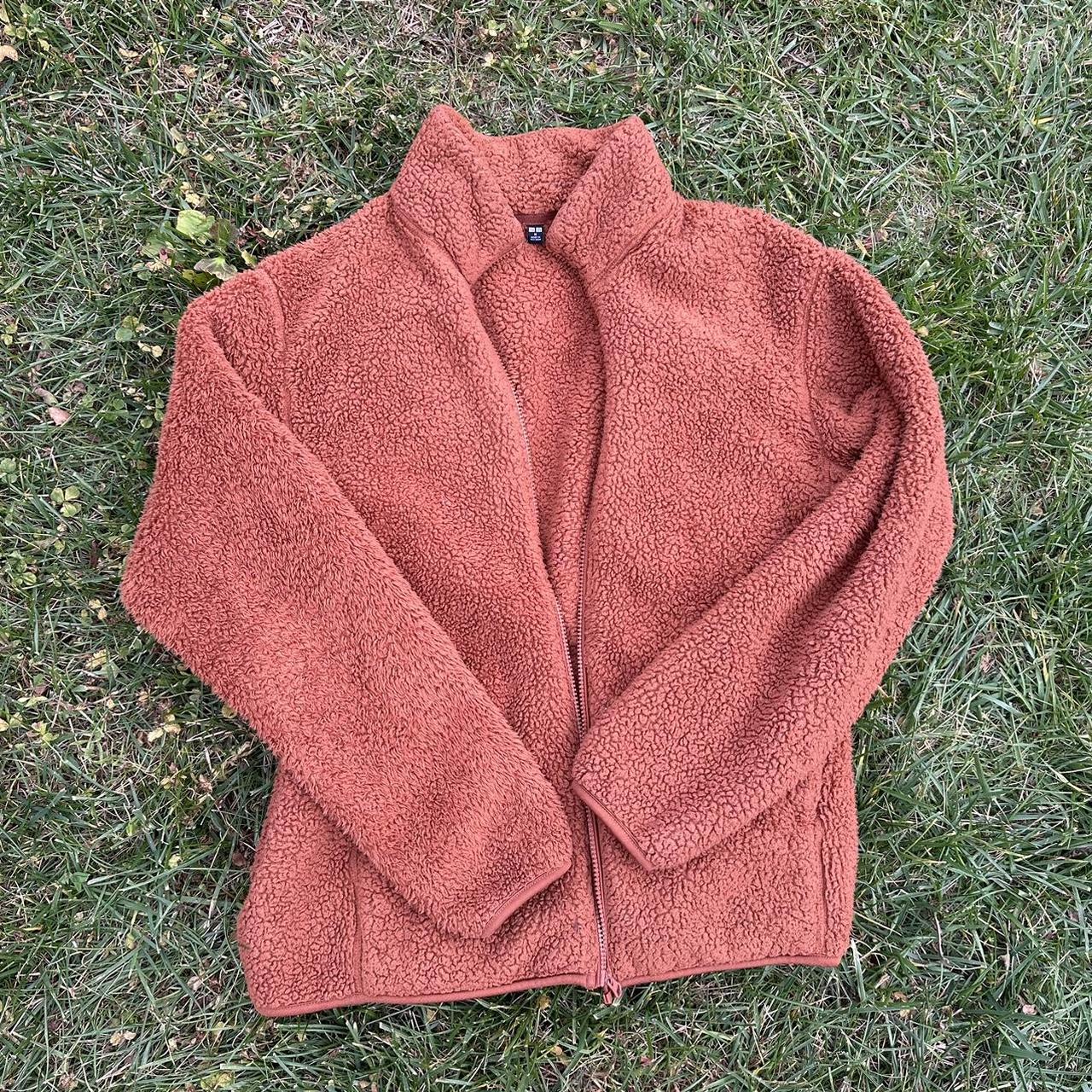 Uniqlo orange fuzzy zip up jacket Lil matting Size m - Depop