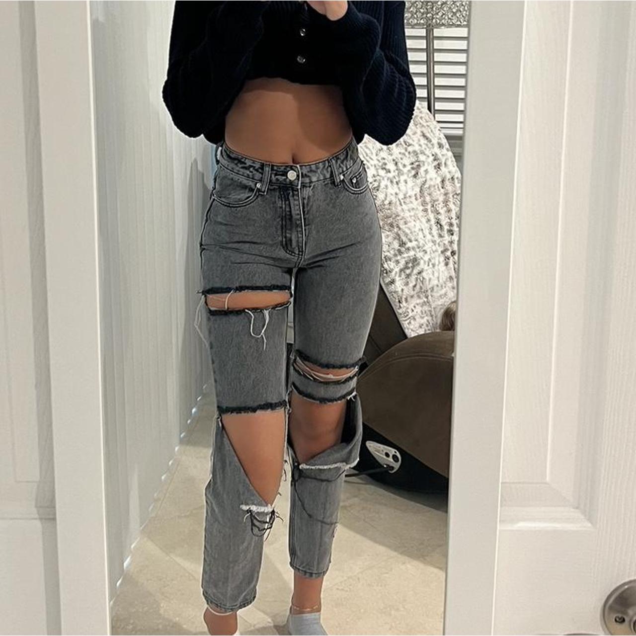 Edikted Ripped Grey/Black Wash Jeans - Depop