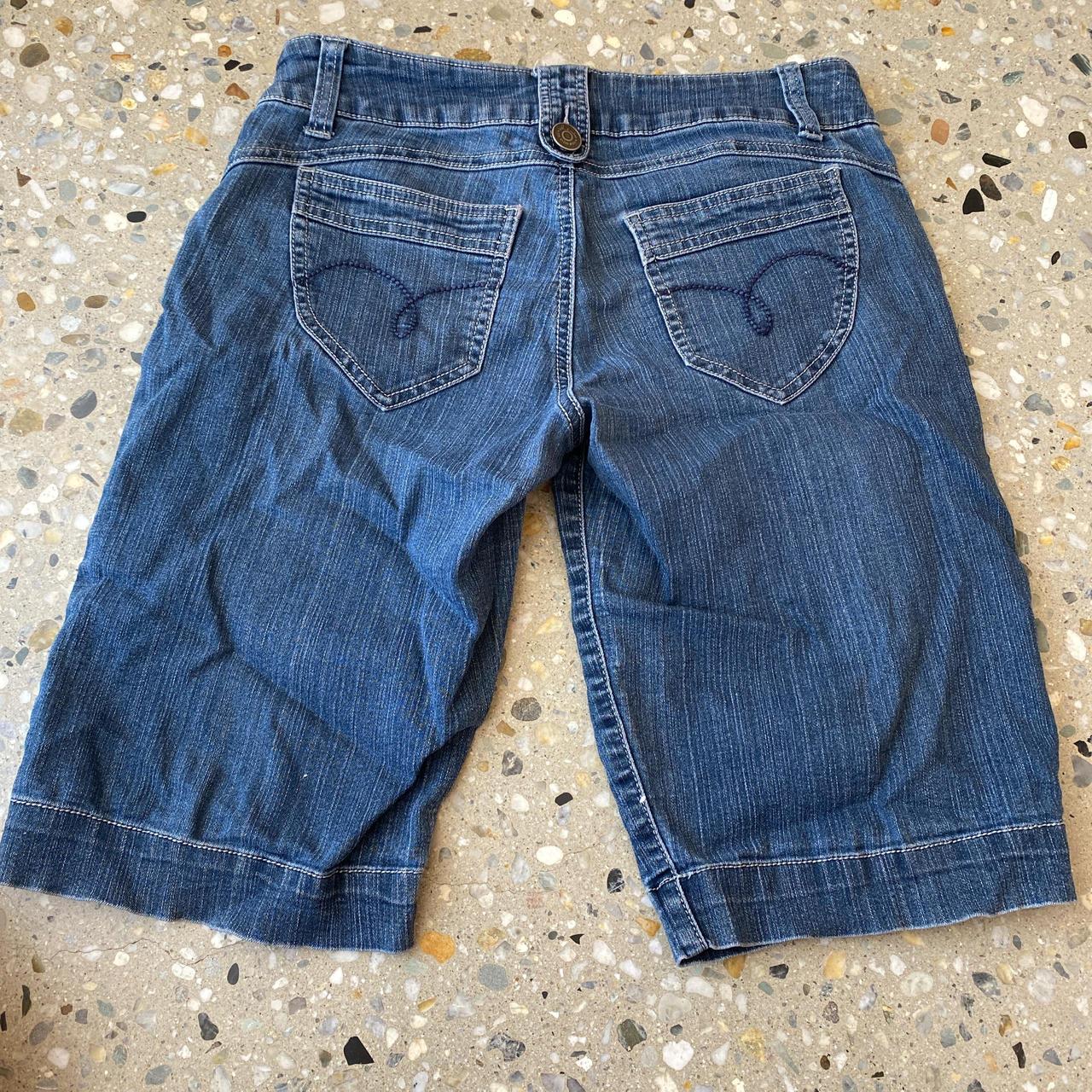 True blue low rise Jorts sit just above the knee in... - Depop