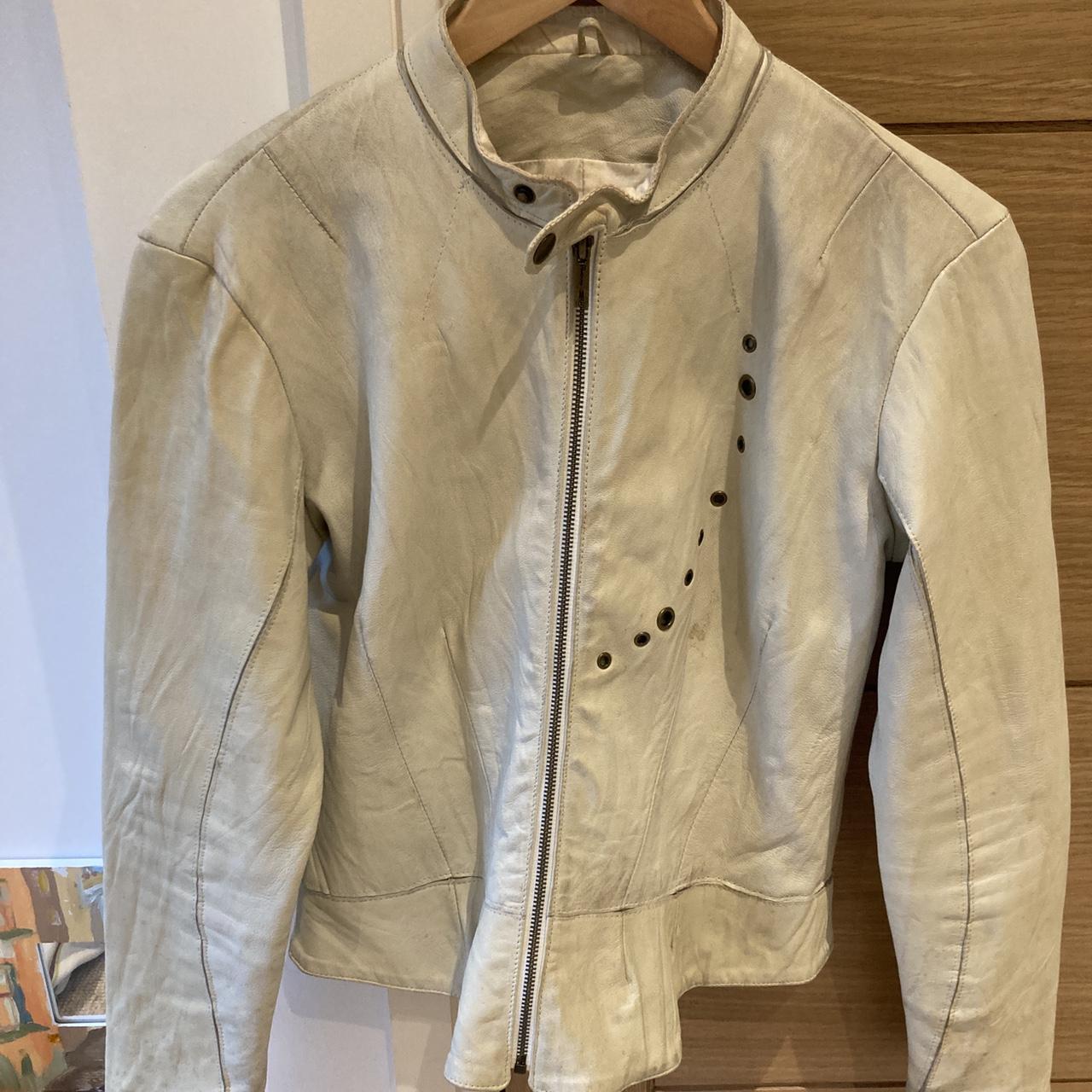 90s cream leather jacket with unique metal details!... - Depop