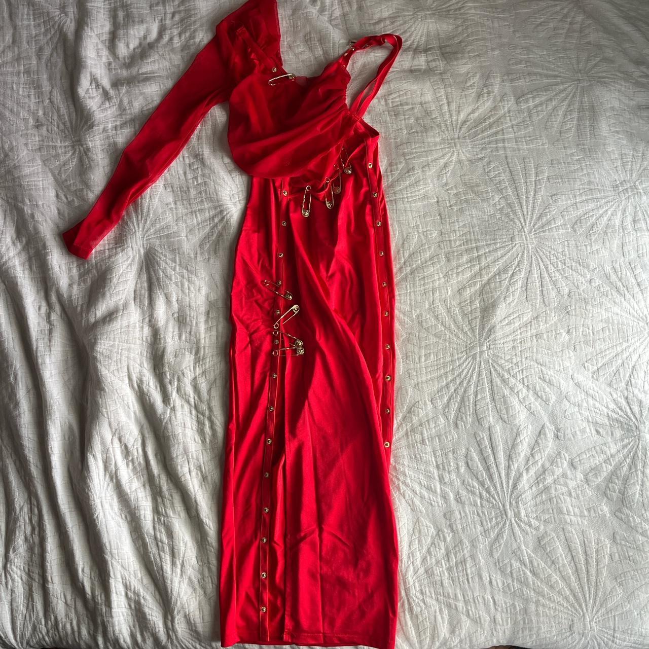 red safety pin dress with long sleeve and shoulder... - Depop