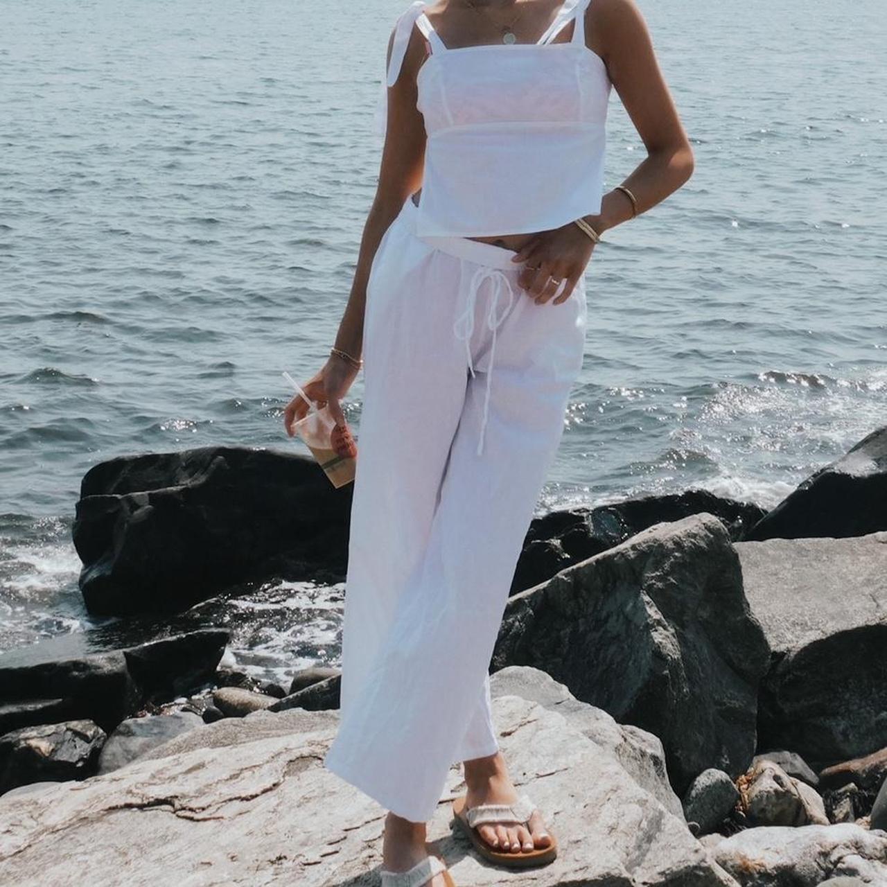 linen white flowy beach pants size: small /... - Depop