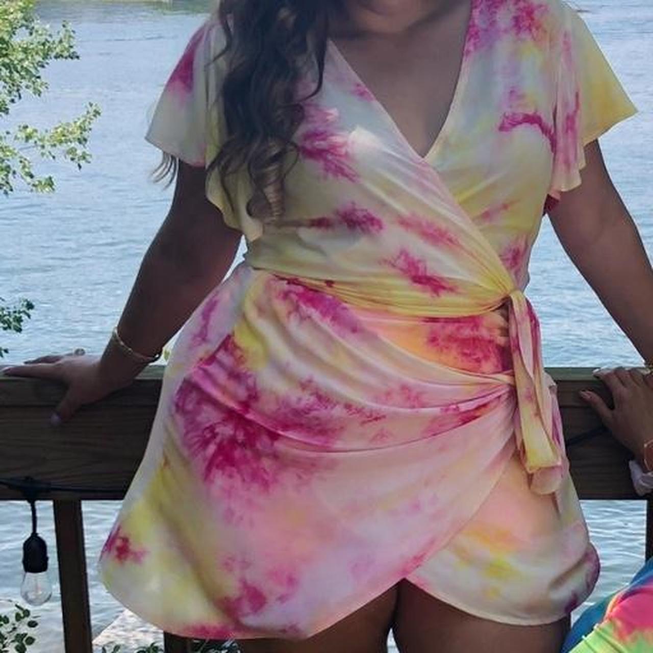 Yellow and pink tie-dye wrap dress She-in Worn once... | Depop