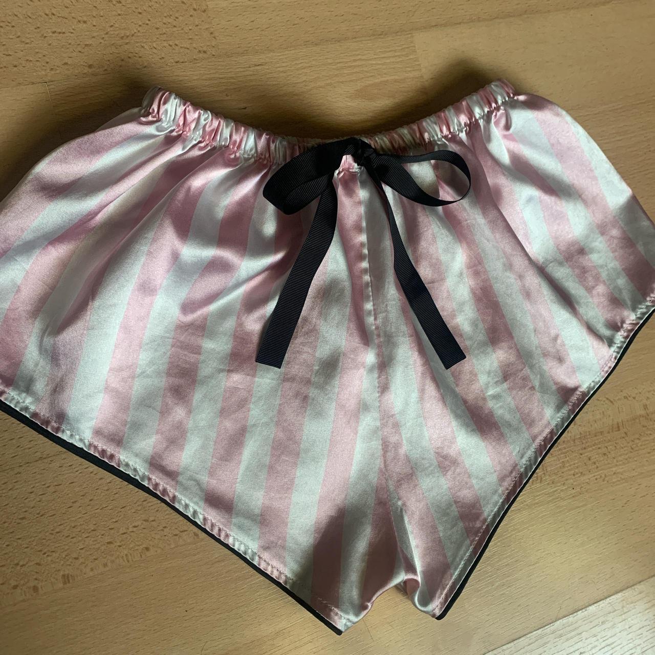 Pink and white striped satin mini shorts, the tie... | Depop