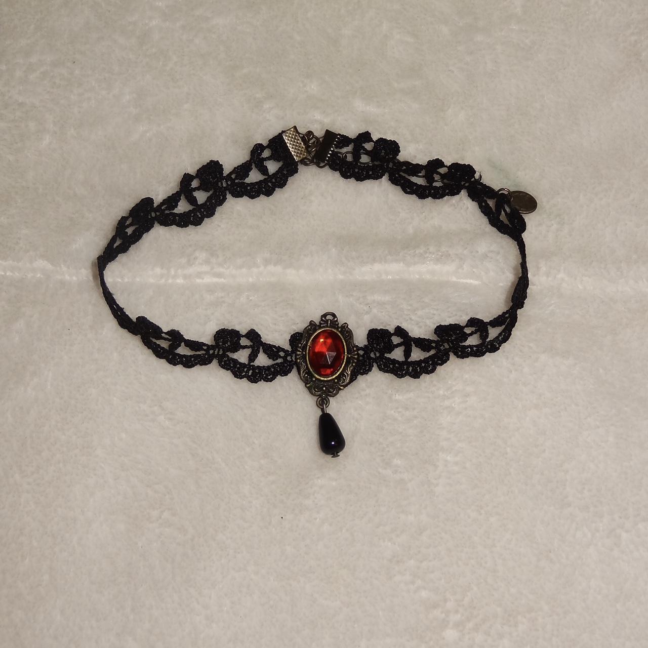Goth choker with lace details and red jewel #goth... - Depop