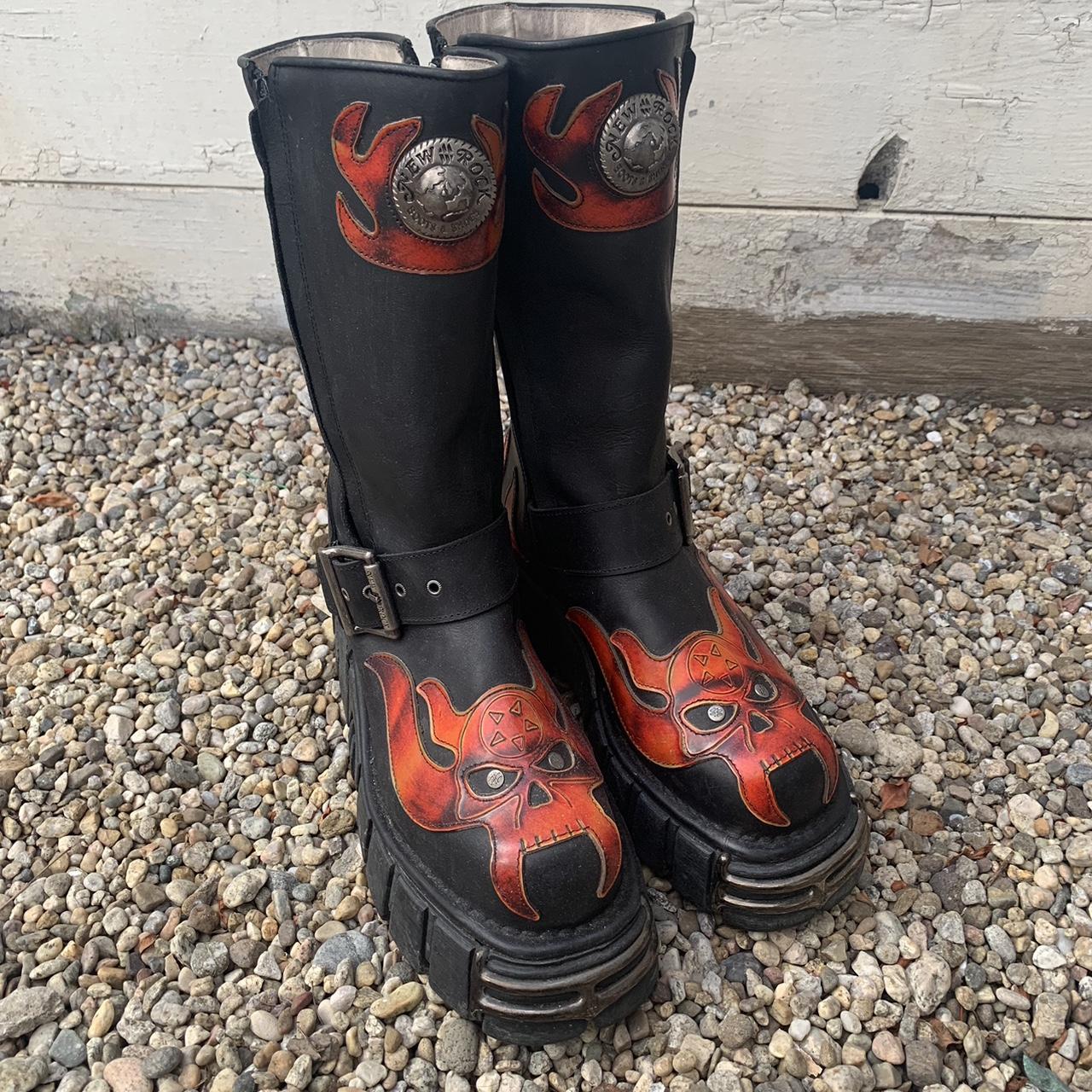 New Rock mid calf platform skull flame boots Size... - Depop
