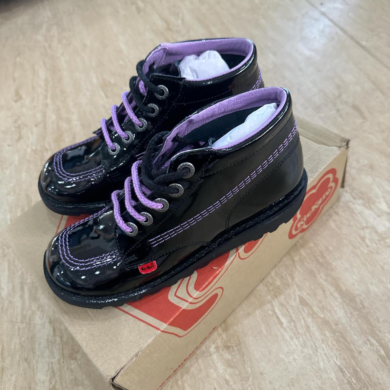 Kickers Lace Up Ankle Boots - Deep Purple Patent... - Depop
