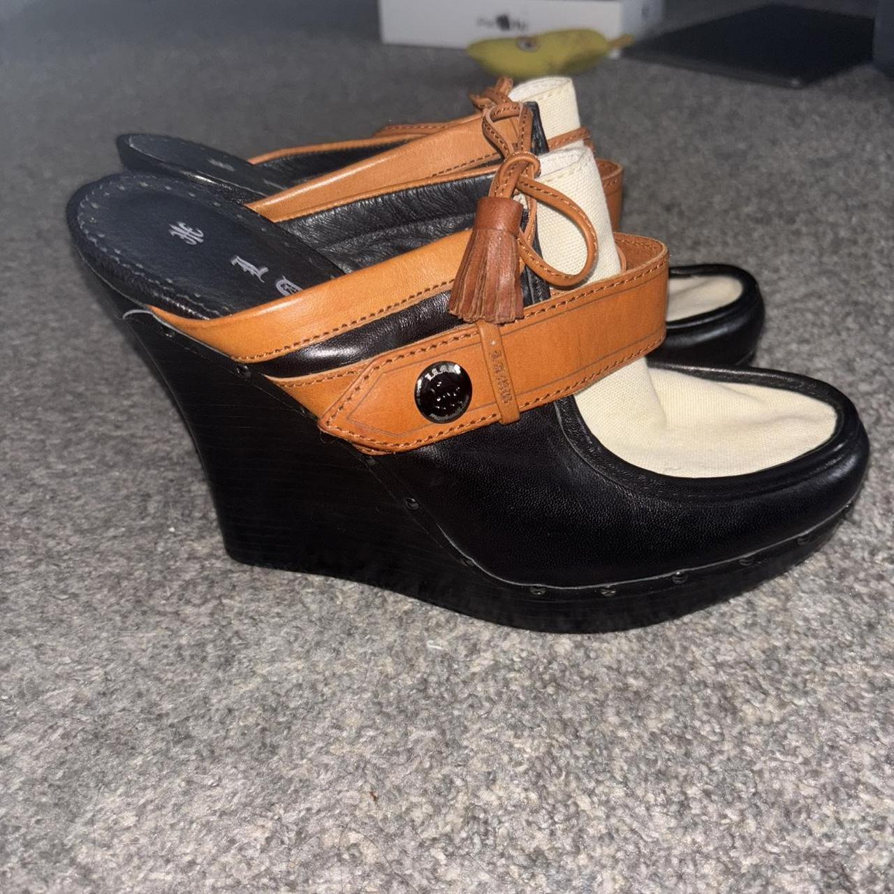 Black and tan leather wedges with a tassel detail... | Depop