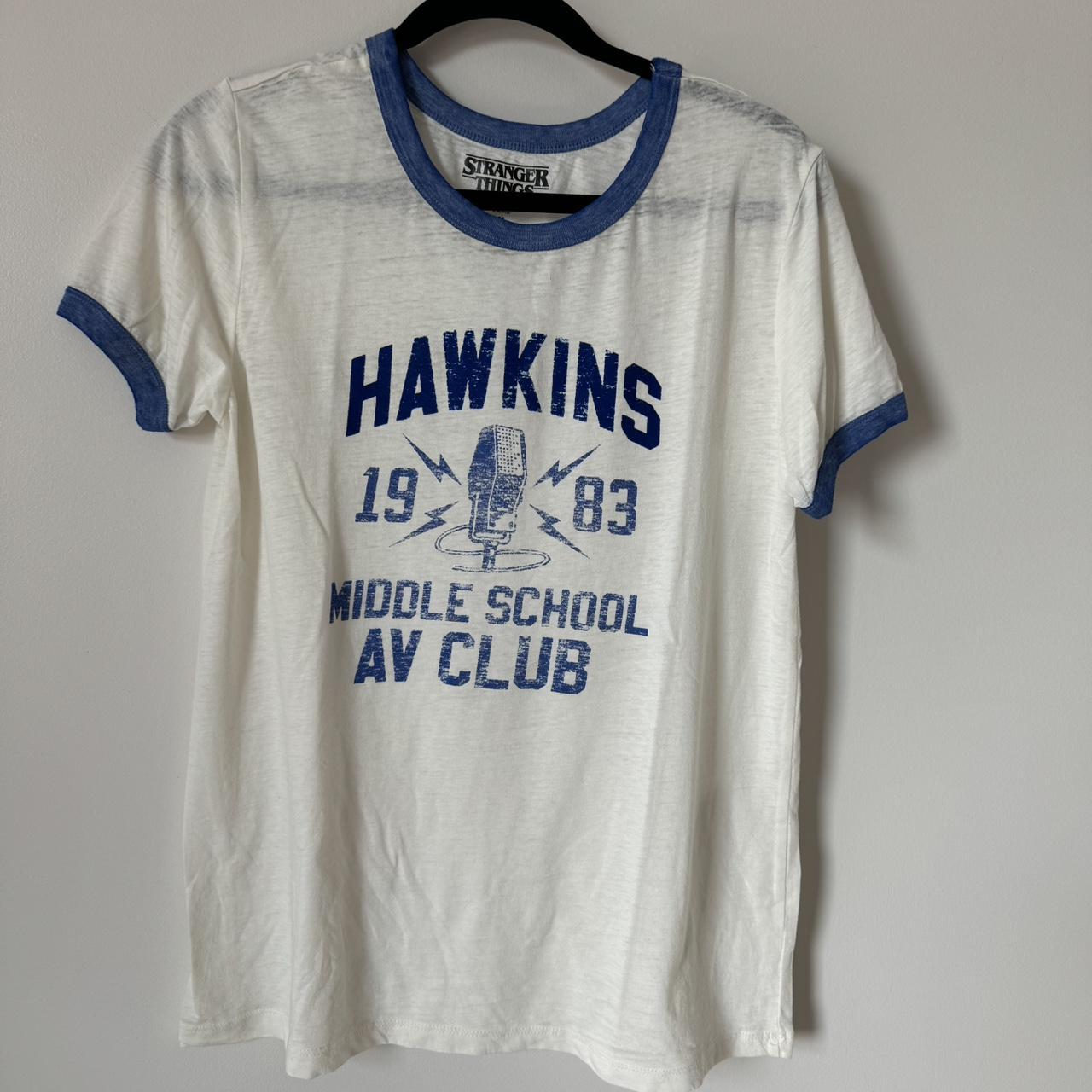 white and blue Stranger Things ringer tee... | Depop