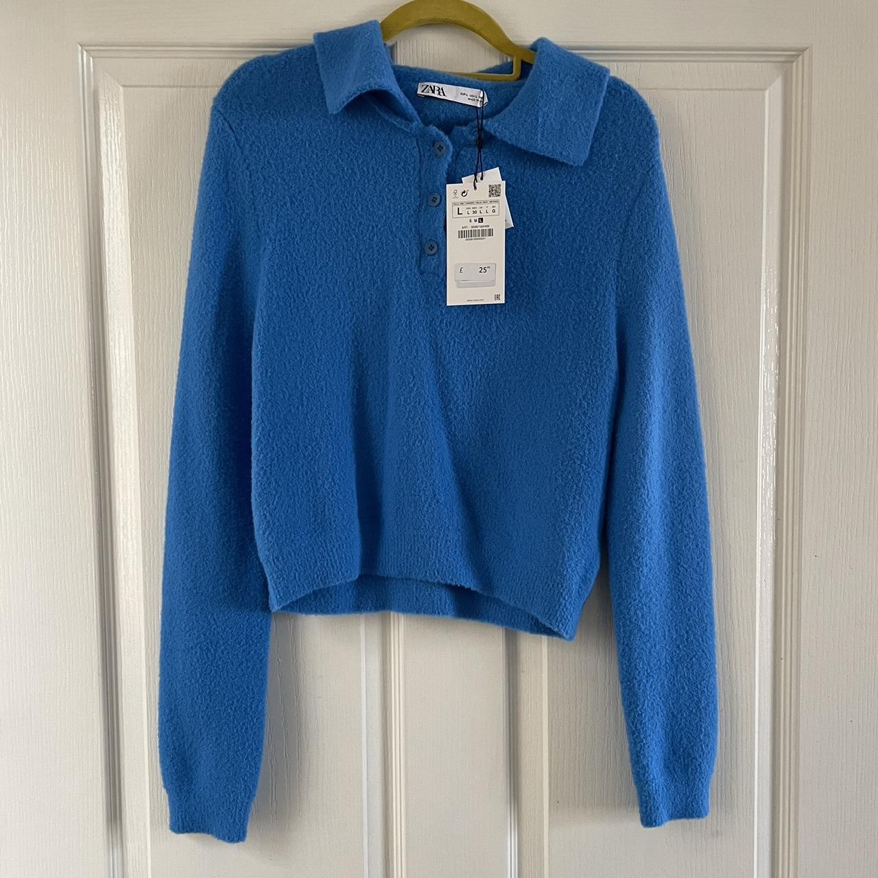 Zara bright blue collared button up jumper. Size L... - Depop