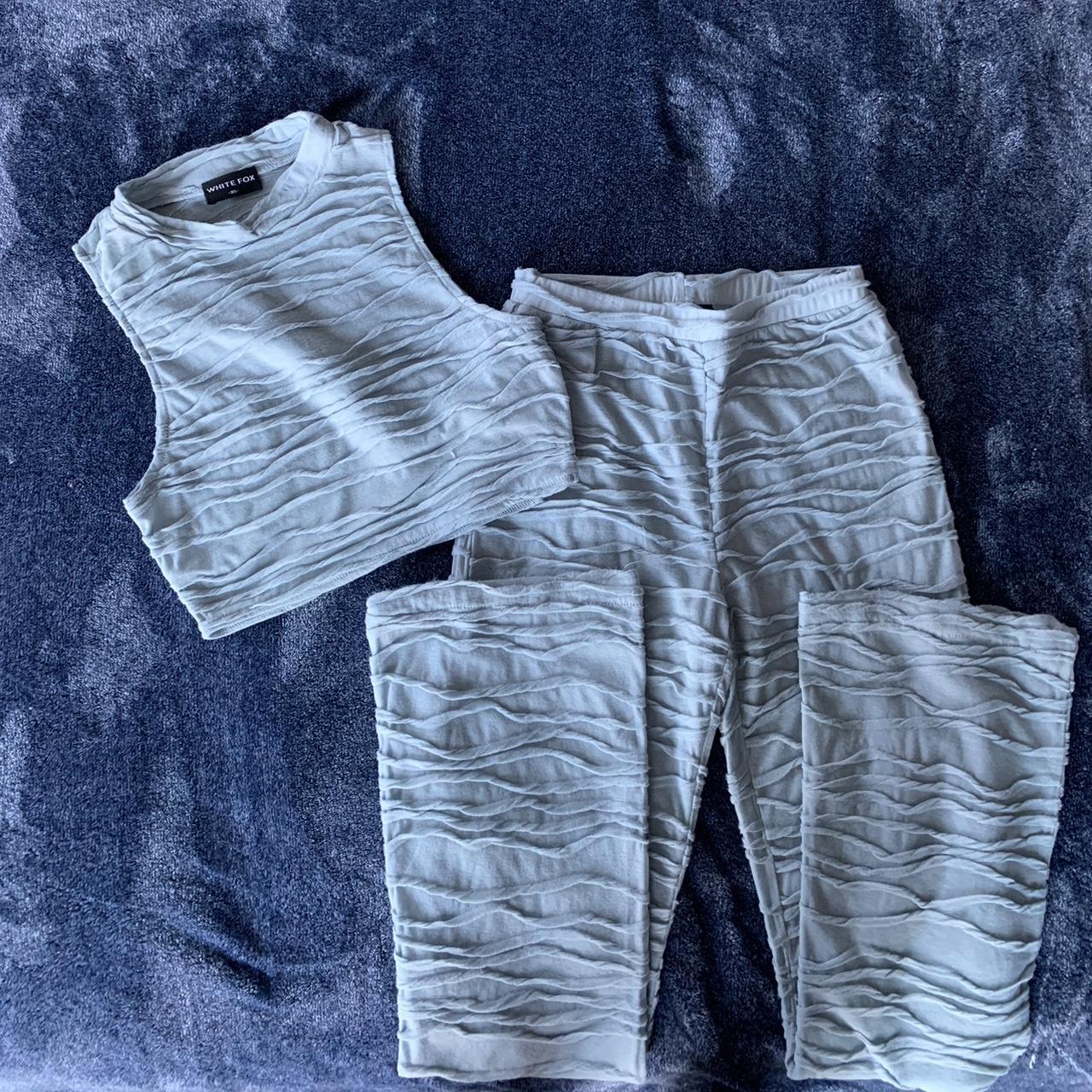White Fox light blue/grey crop top and flare pants... - Depop