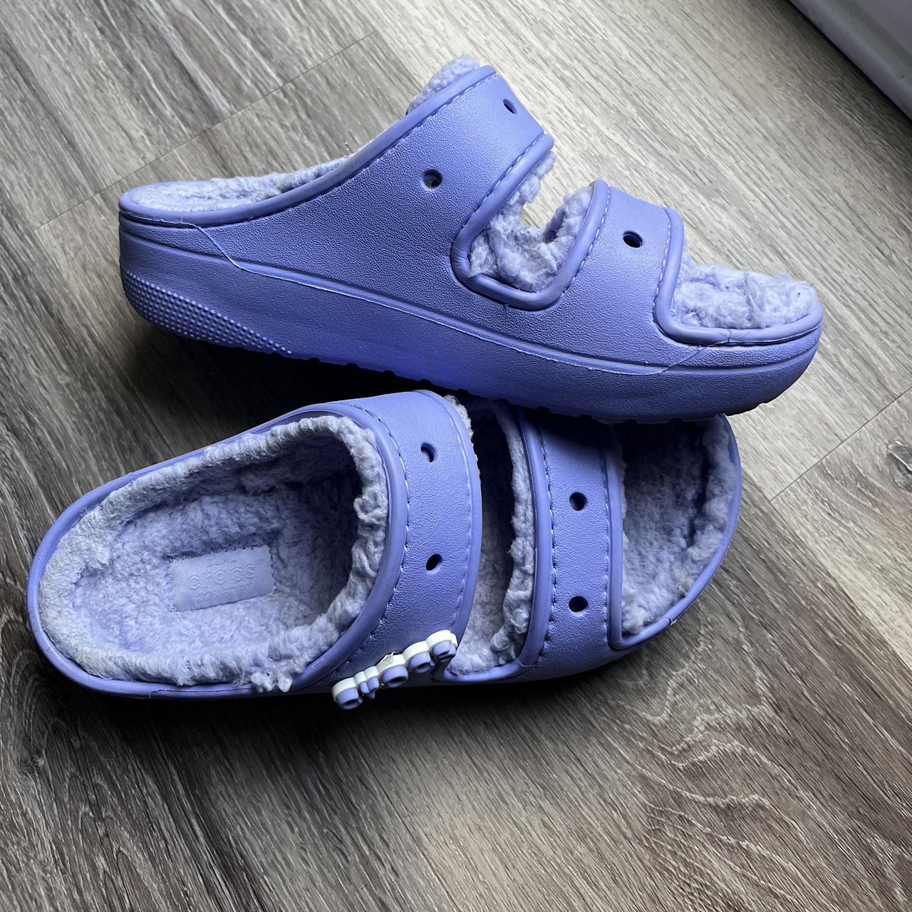 lilac croc fluffy slip-ons 🍇💜🍬 with 2 croc charms to... - Depop