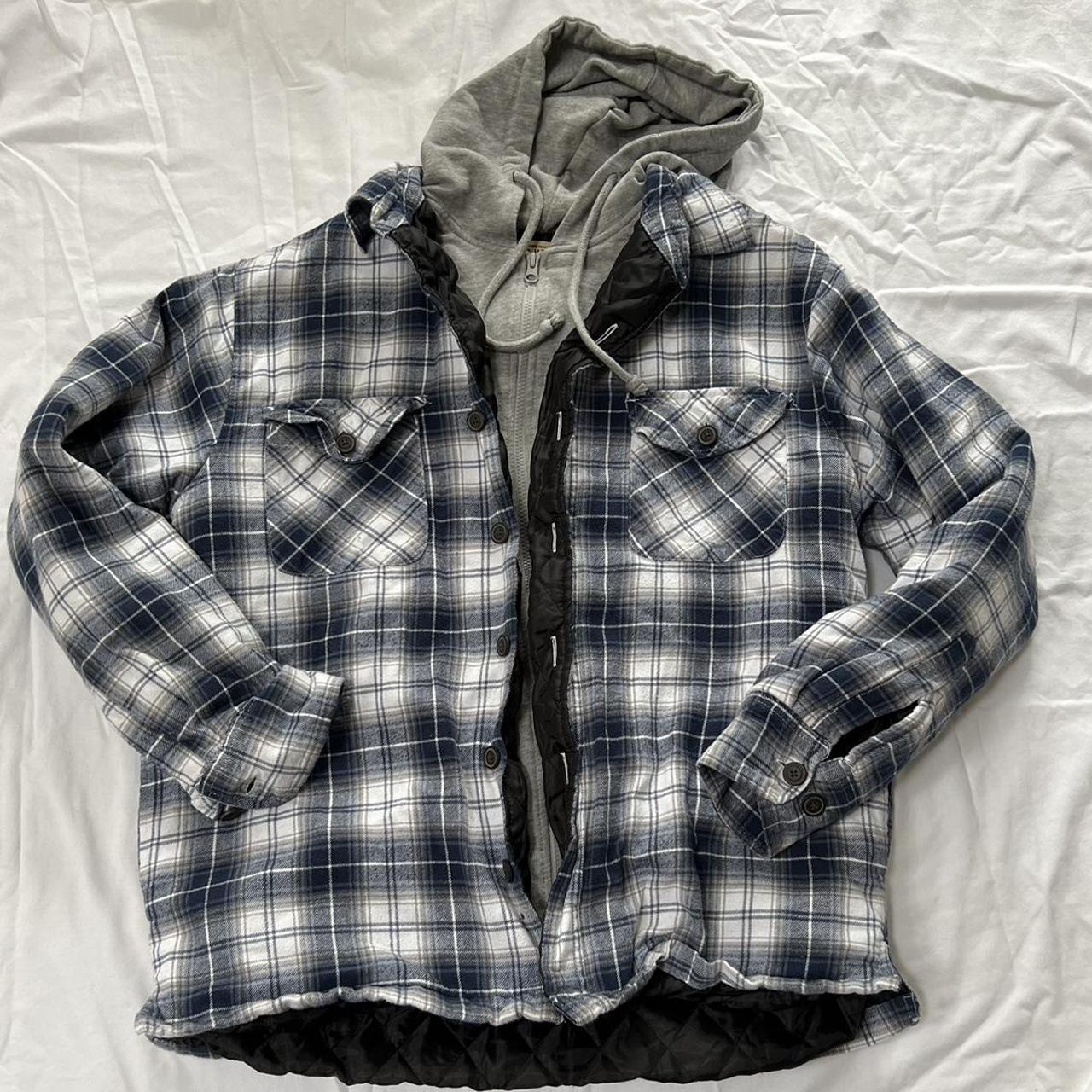 cute warm men’s flannel hoodie size L quilted so... - Depop