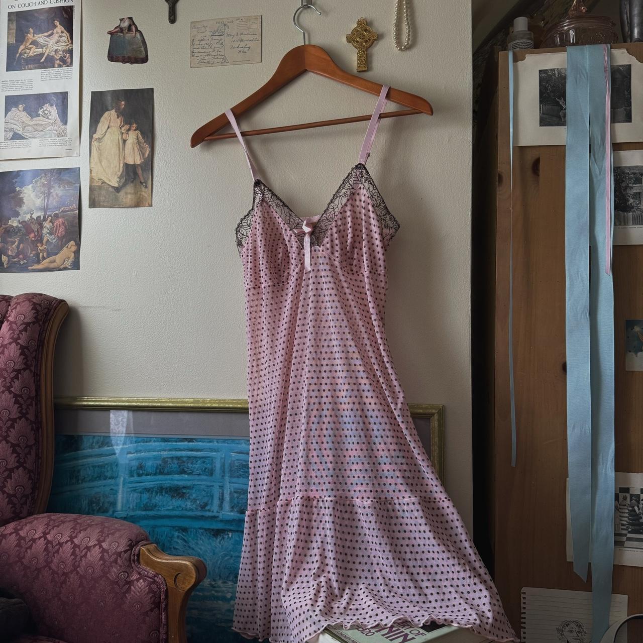 Pink and brown polka dot translucent slip dress with... - Depop