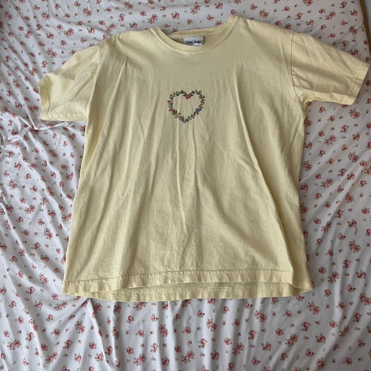 oversized vintage coquette yellow floral design t... - Depop