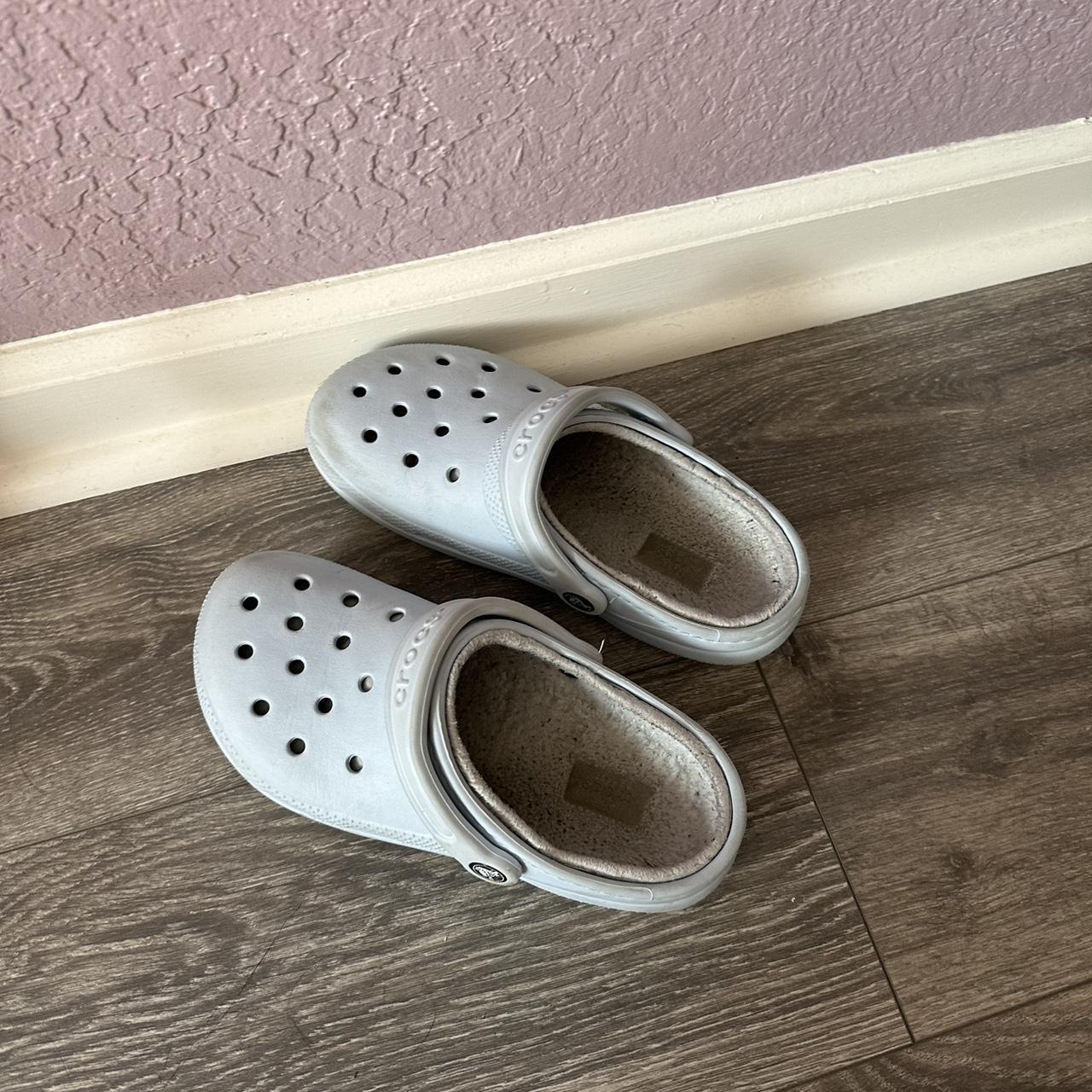 Blue fuzzy crocs -used -size 7 -send offers -in... - Depop