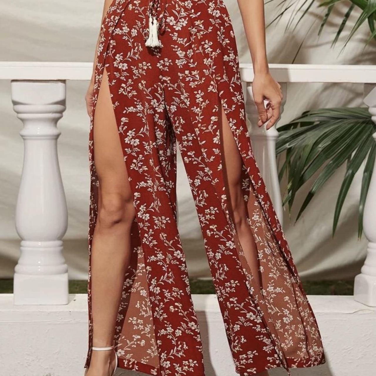 Shein red flowy pants with slits Never worn just... - Depop