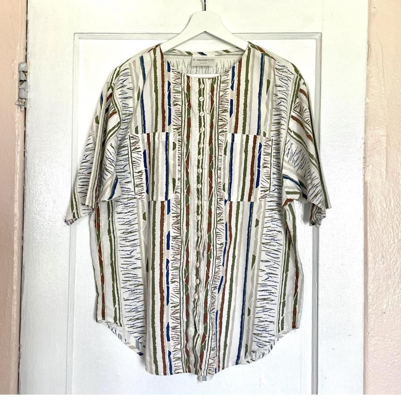 Vintage Patterned Collarless button-up shirt Super... - Depop
