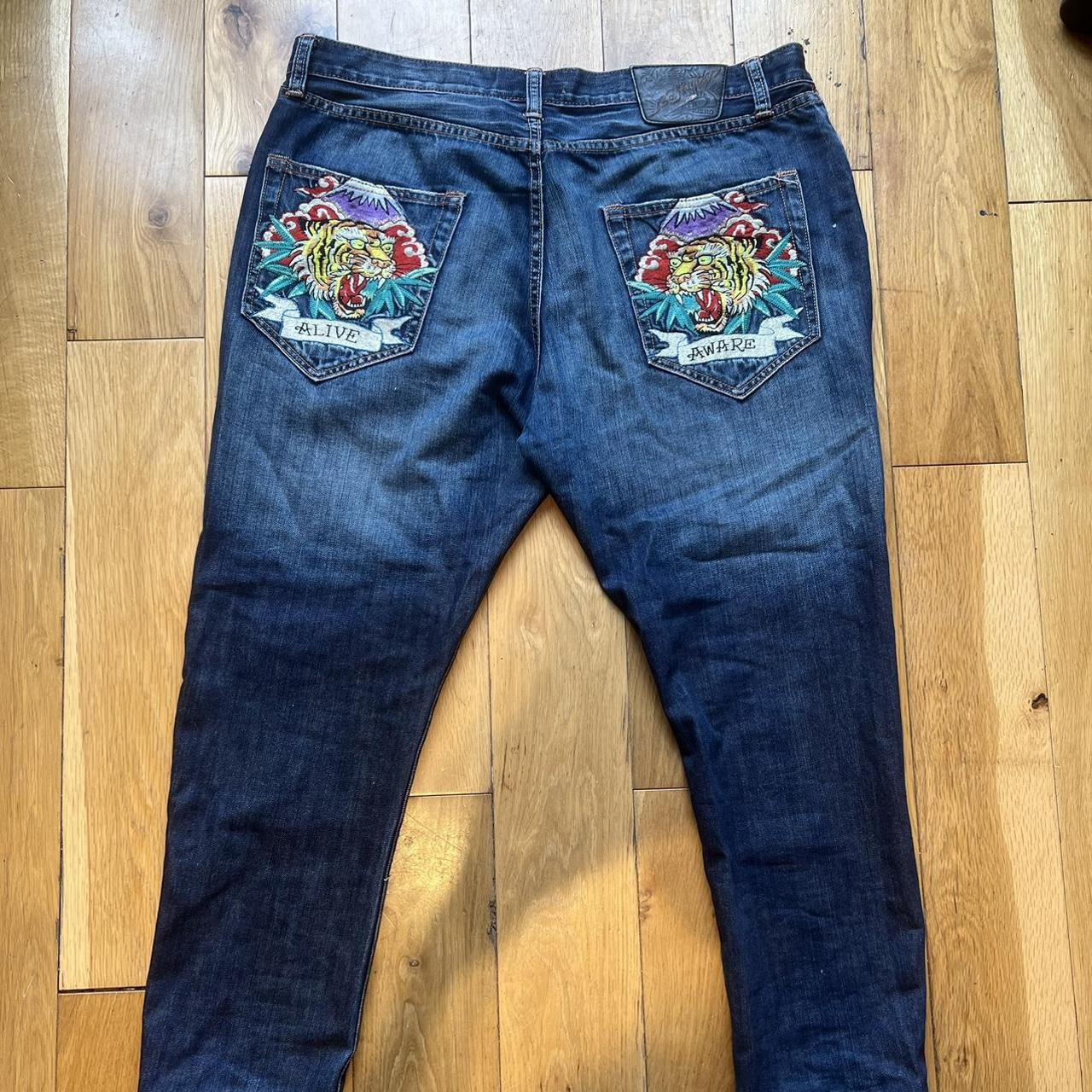Vintage Ed Hardy tiger jeans 38 x 35 Light distress... - Depop