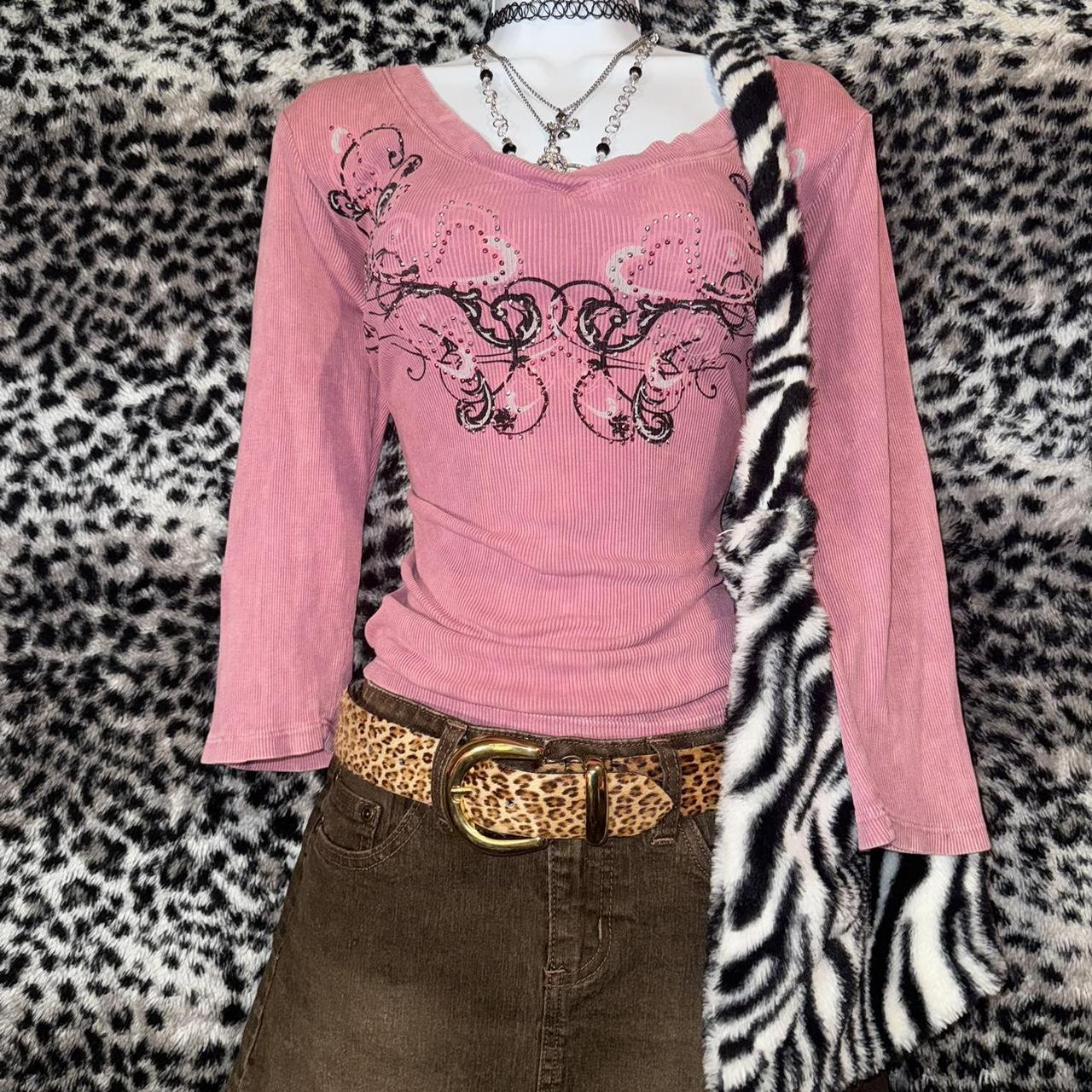 ☆Y2K Pink Rhinestone Shirt with Affliction like... - Depop
