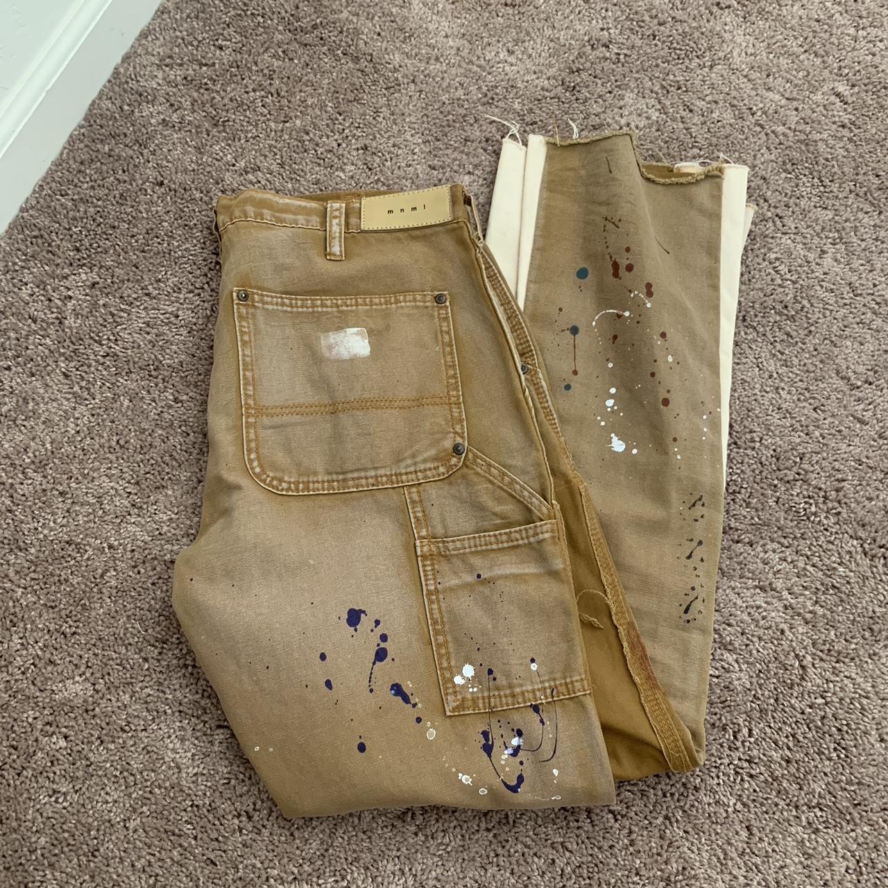 Brown mnml flared jeans with paint splatters size 31 - Depop