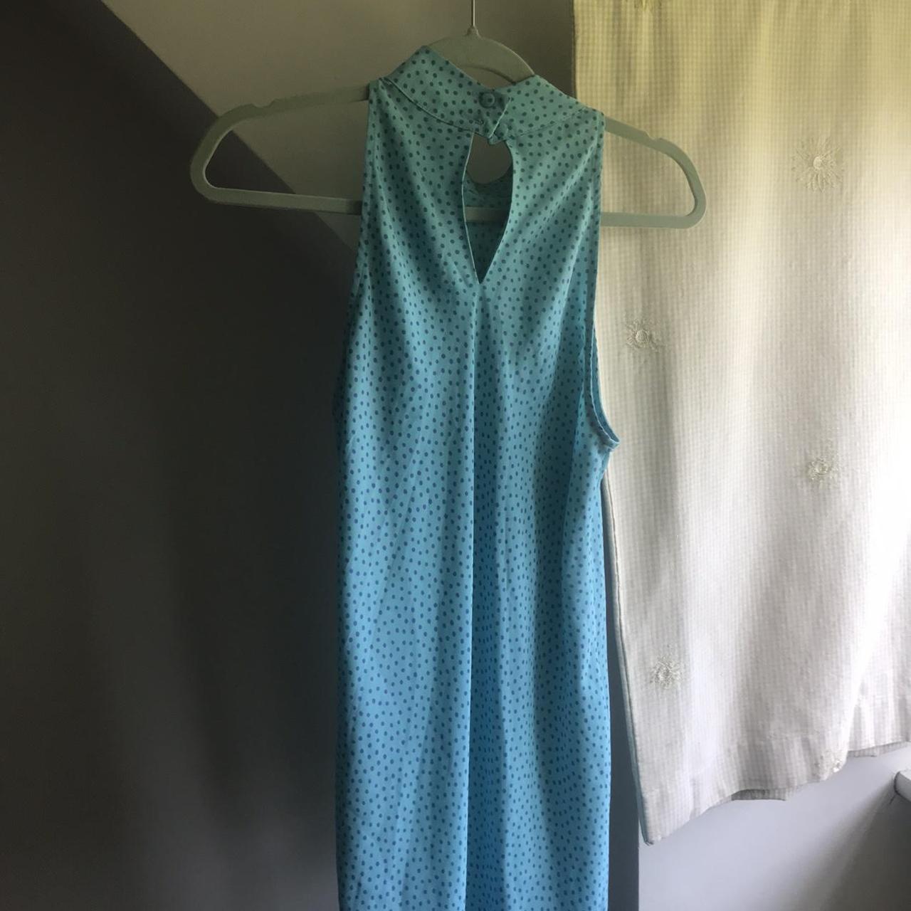 Flattering blue halter dress, with purple polka... - Depop