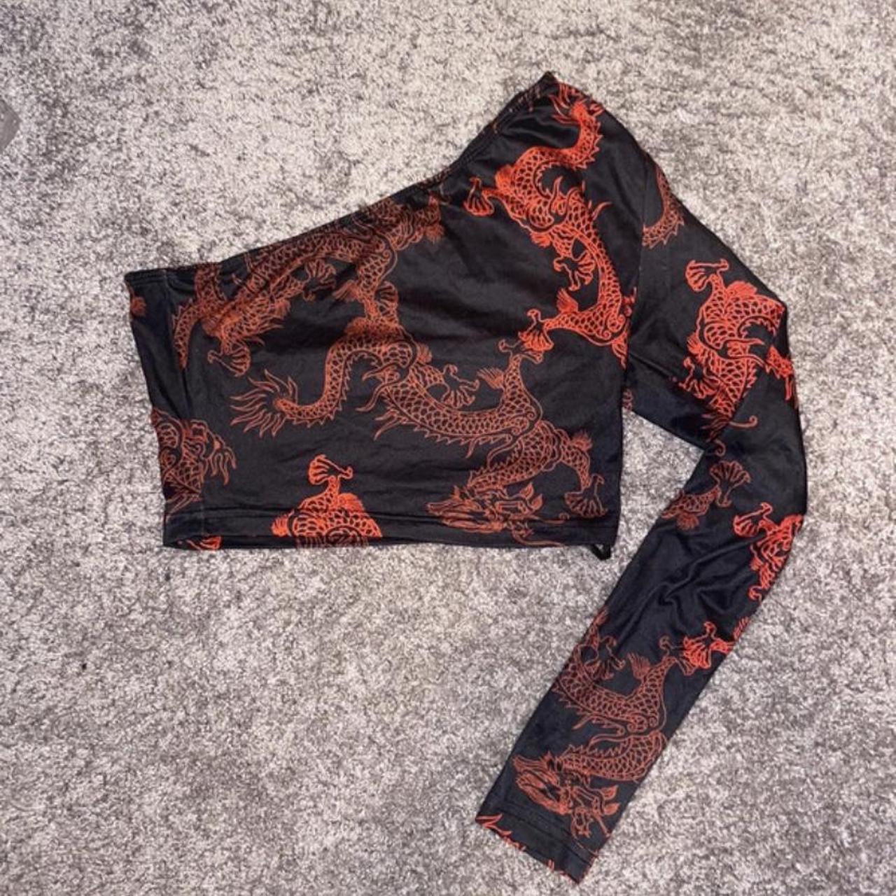 Dragon Print One sleeve crop top Worn once for... - Depop