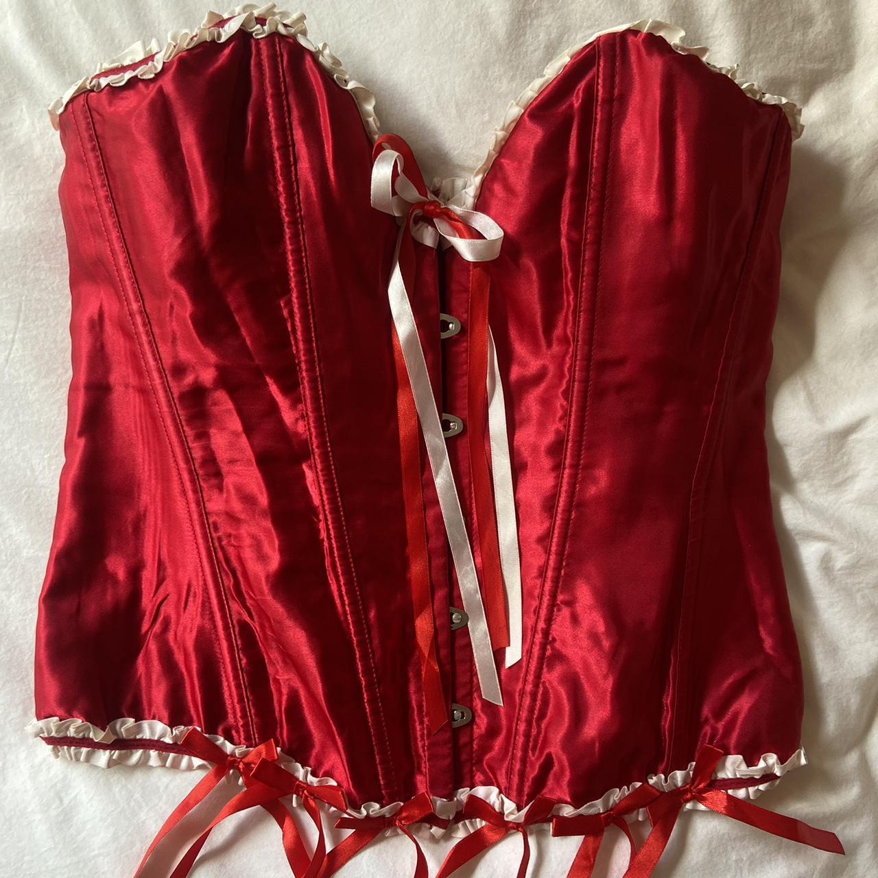 Vintage red satin corset with bow and ruffle... - Depop