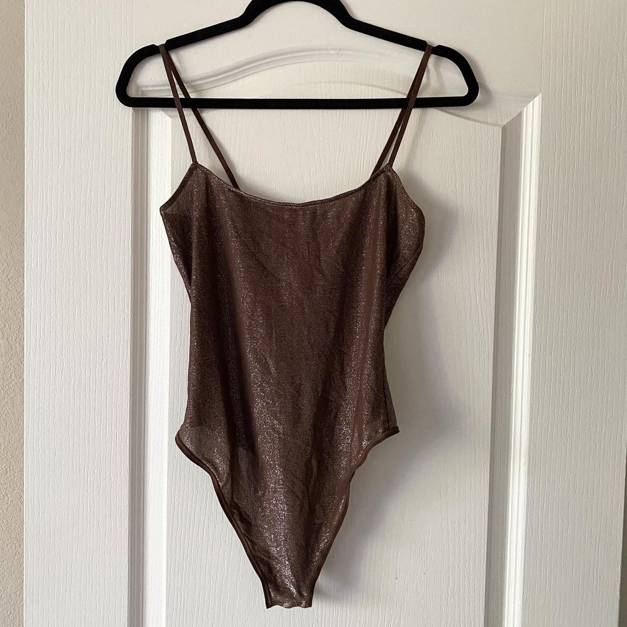 skims shiny cocoa thong bodysuit size medium new... - Depop