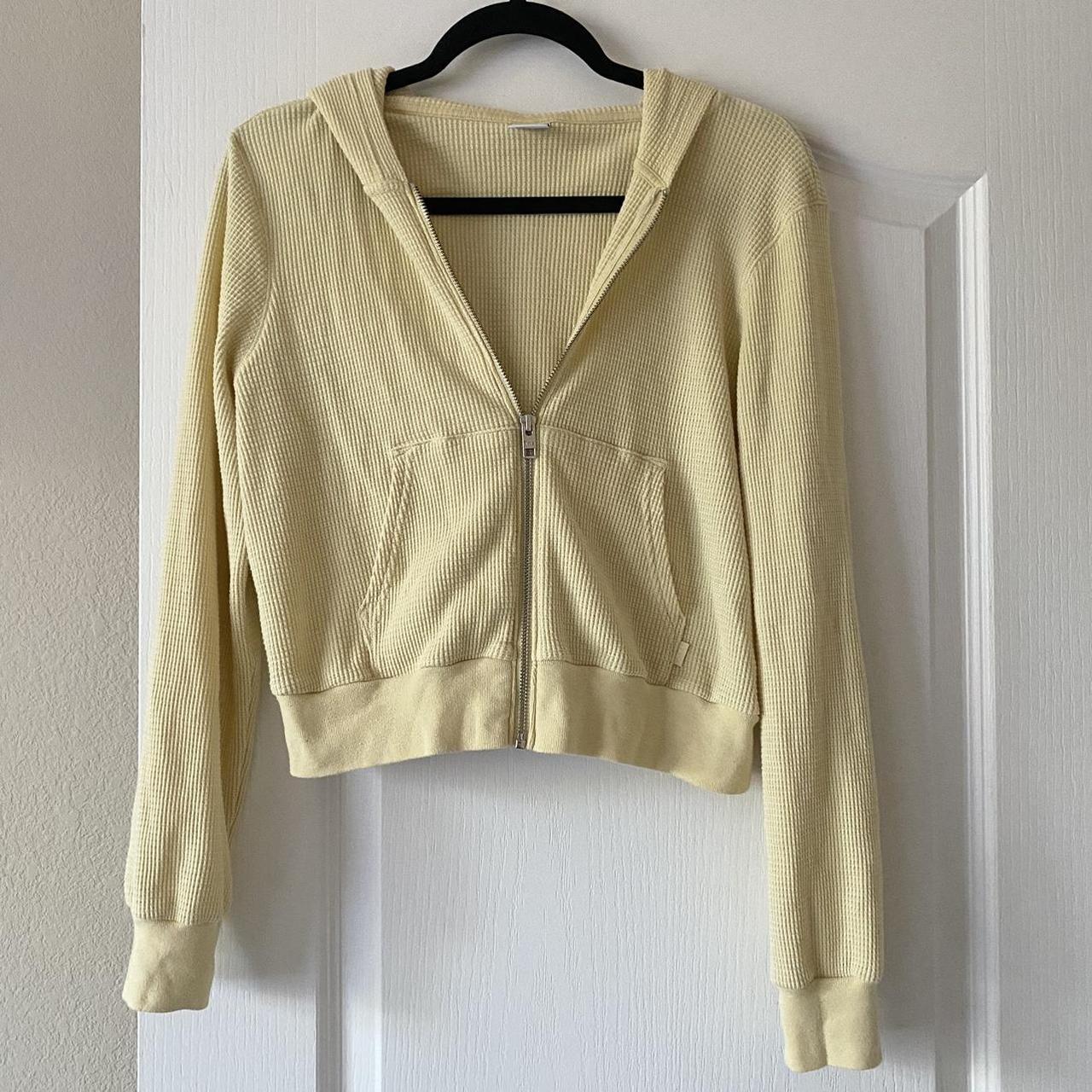 aritzia tna yellow waffle knit crop hoodie size... - Depop