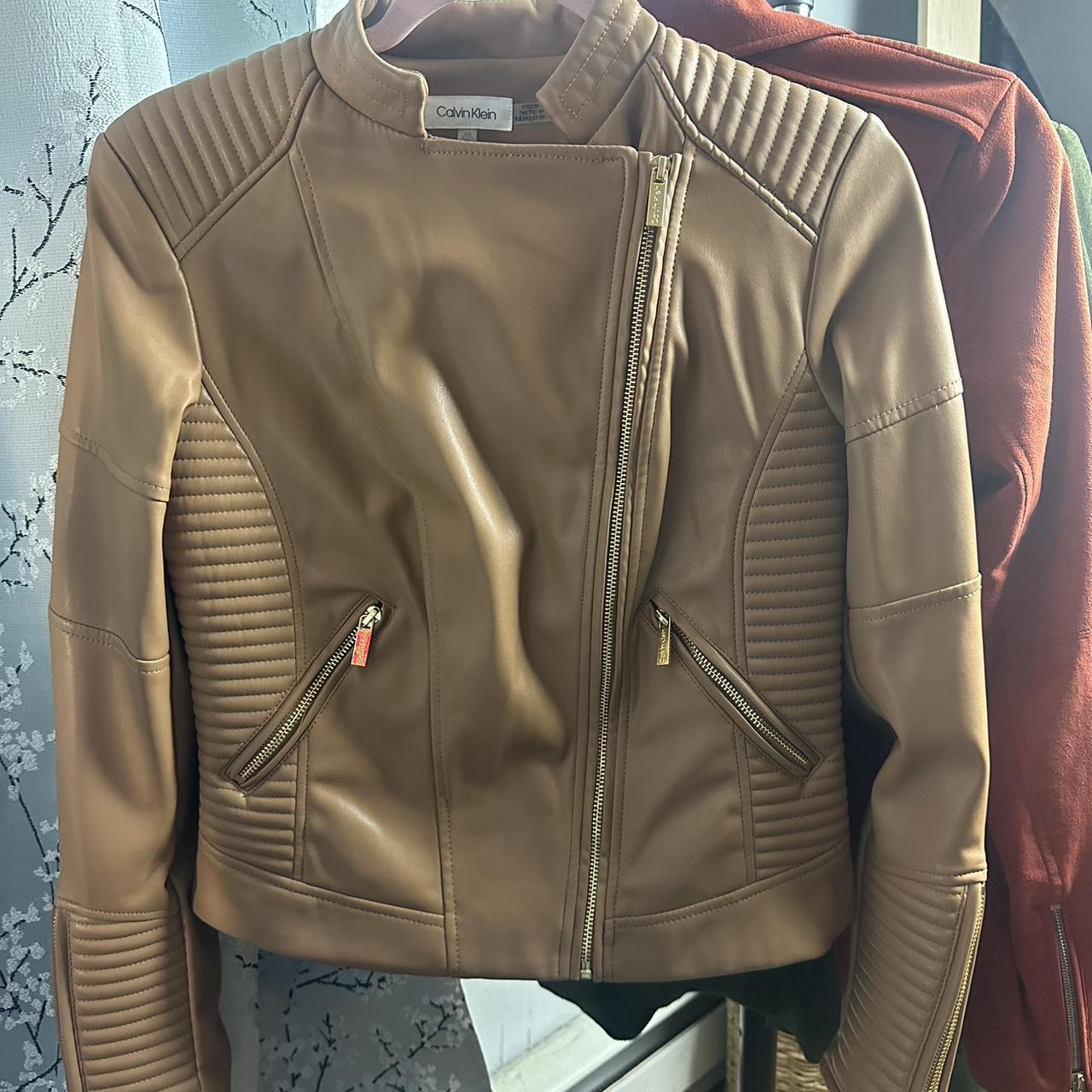 Calvin Klein Brown Leather Jacket Gold Hardware... - Depop