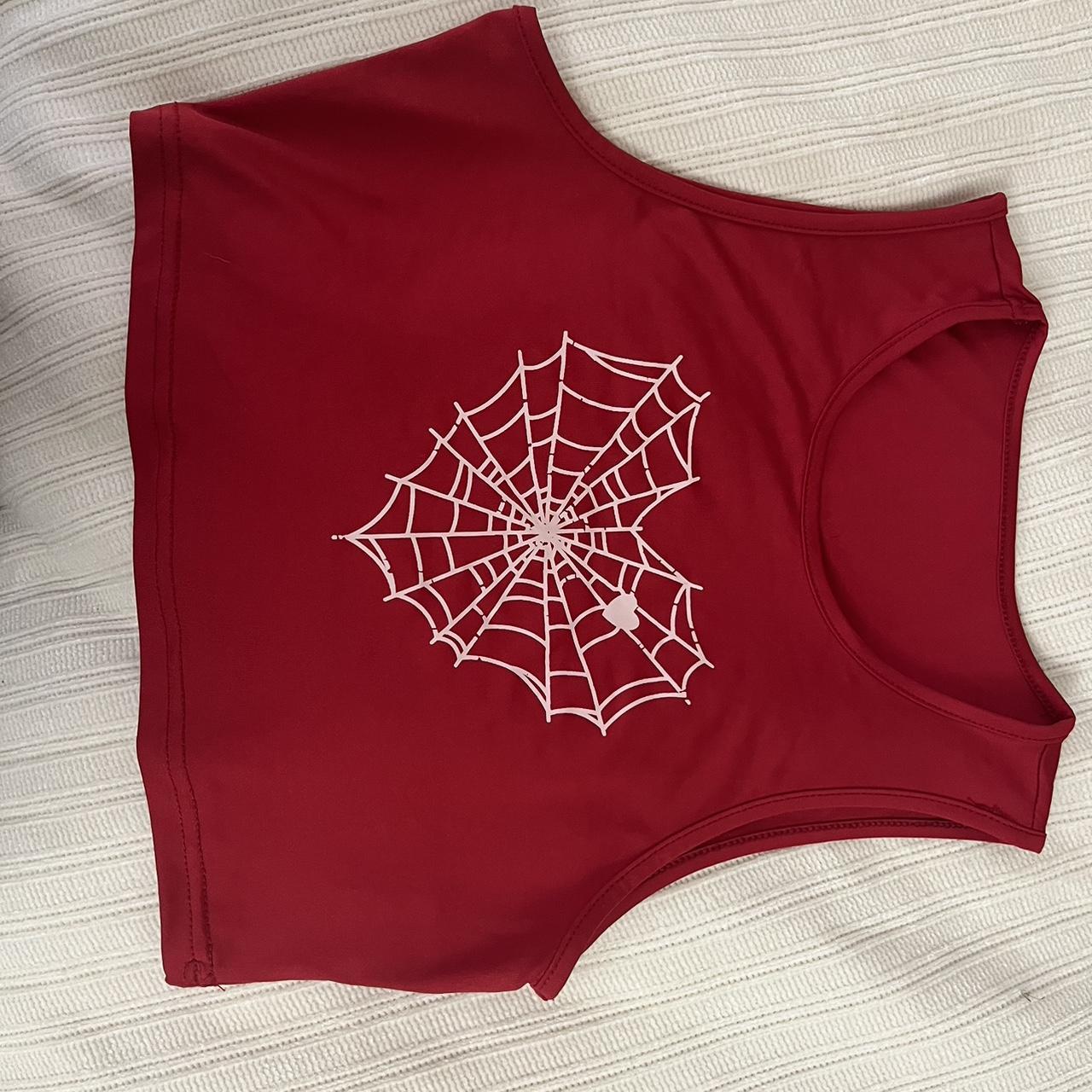 Red and white spider web crop top - Depop