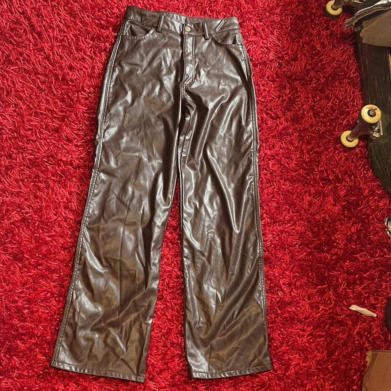 GARAGE BROWN LEATHER PANTS small, brown faux... - Depop