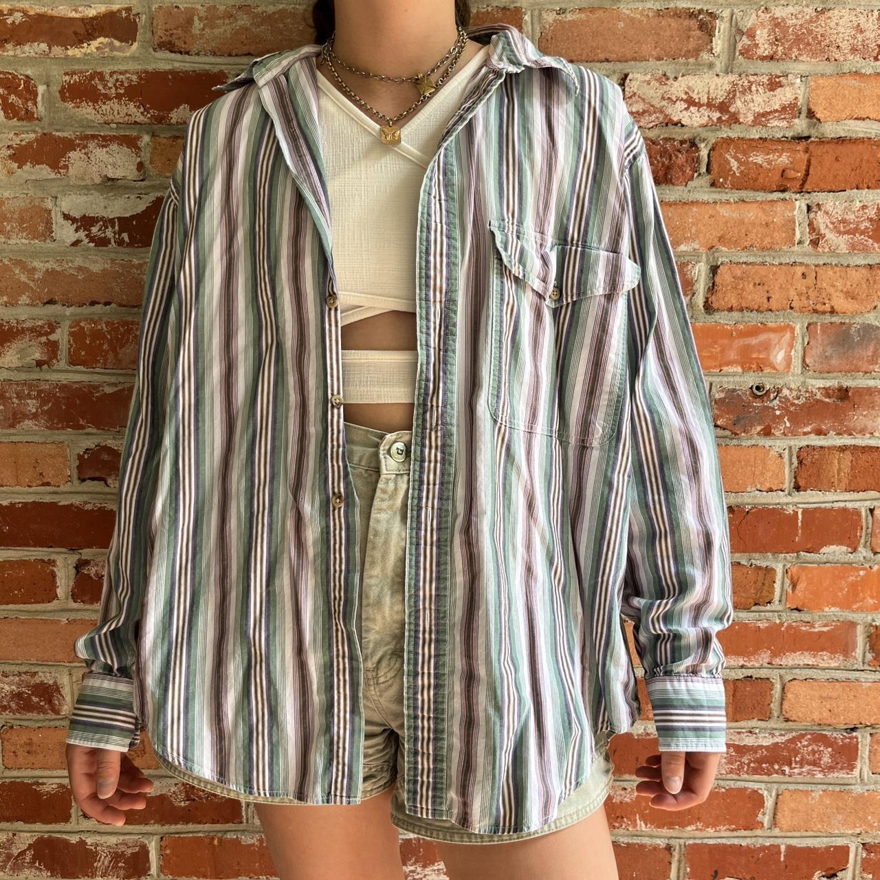 Vintage 90s striped button down dress shirt... - Depop