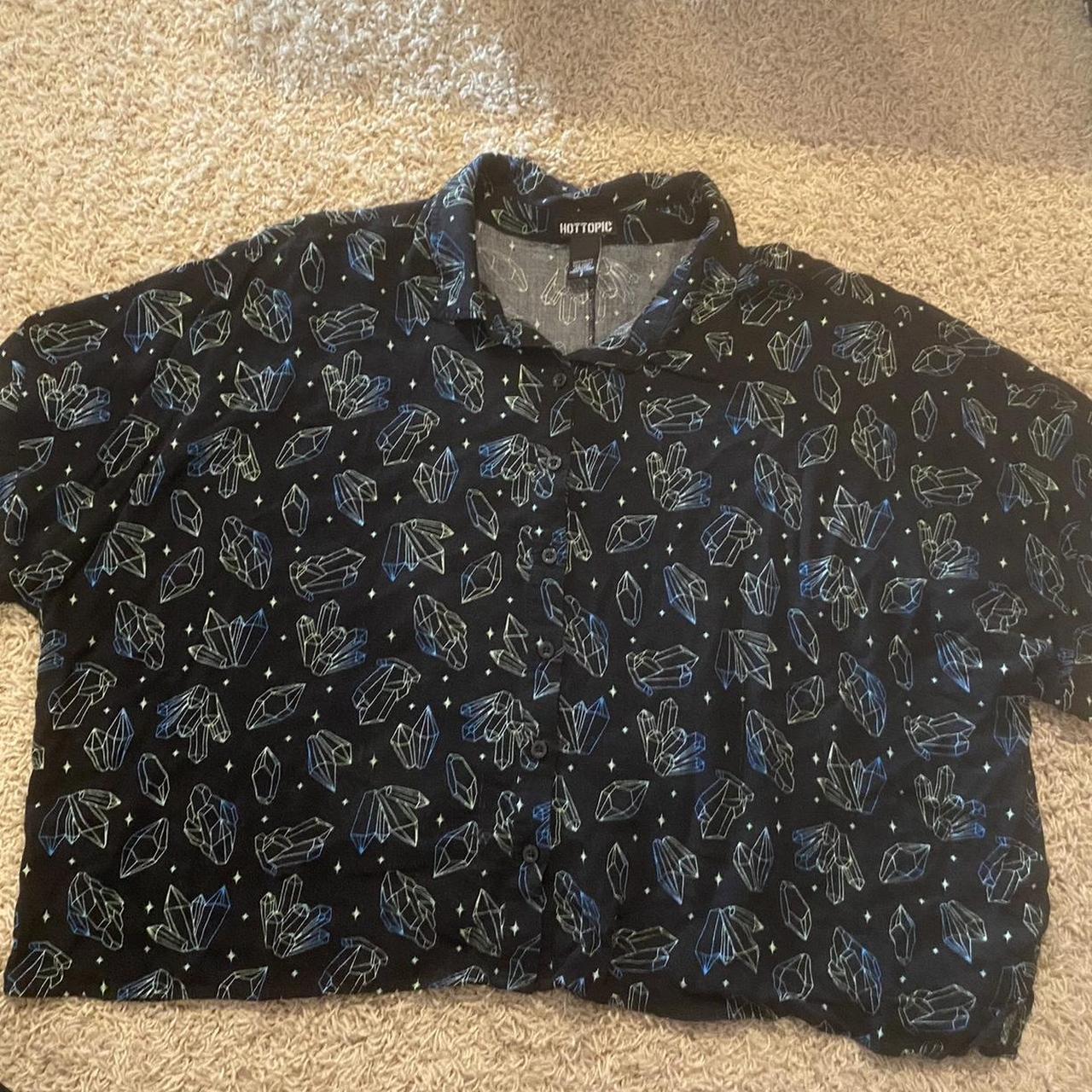 Plus size 2 (x) teal crystal printed button up top... - Depop