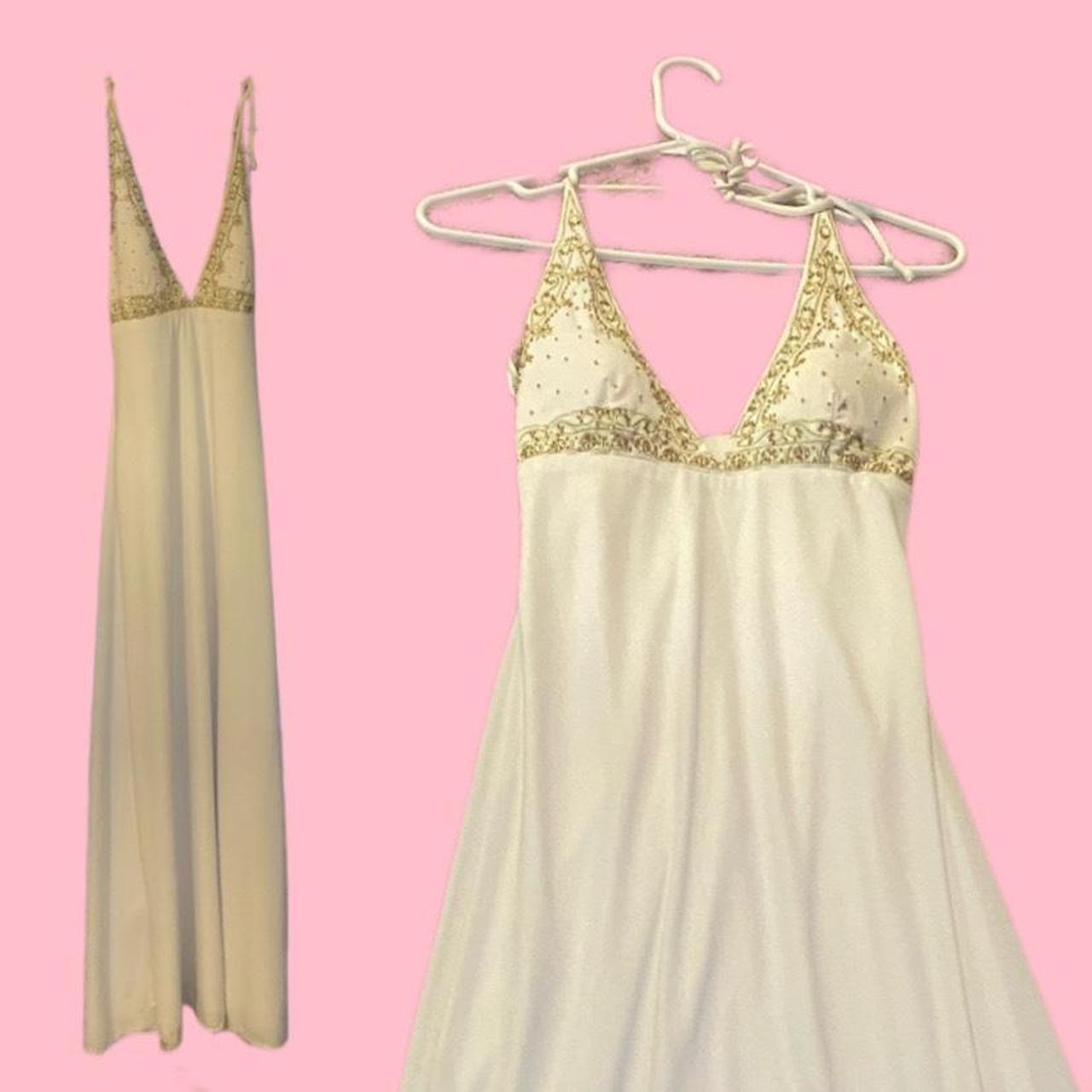 Morgan And Co White And Gold Beaded Prom Dress Depop