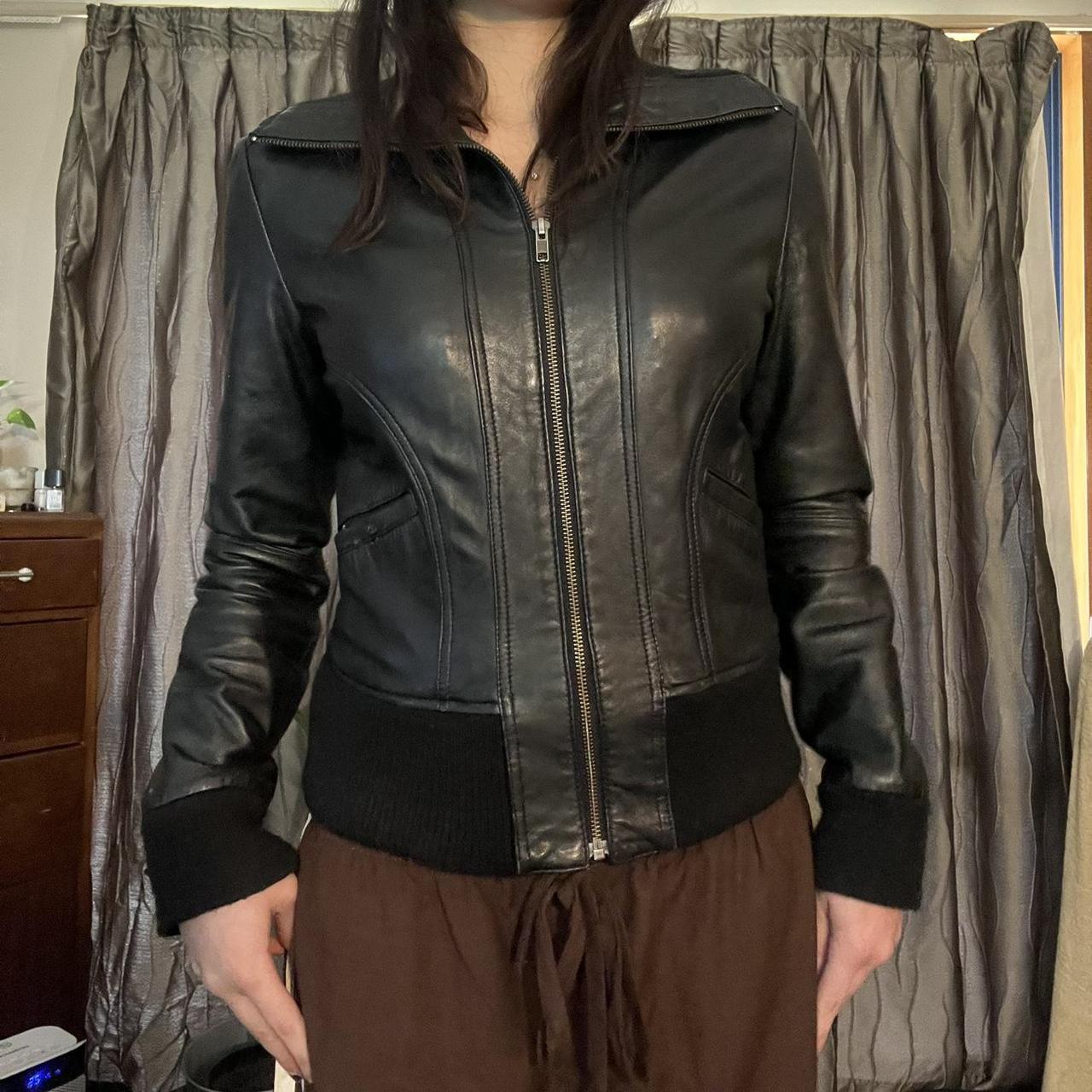 tight leather jacket - brand is portmans - zip up... - Depop