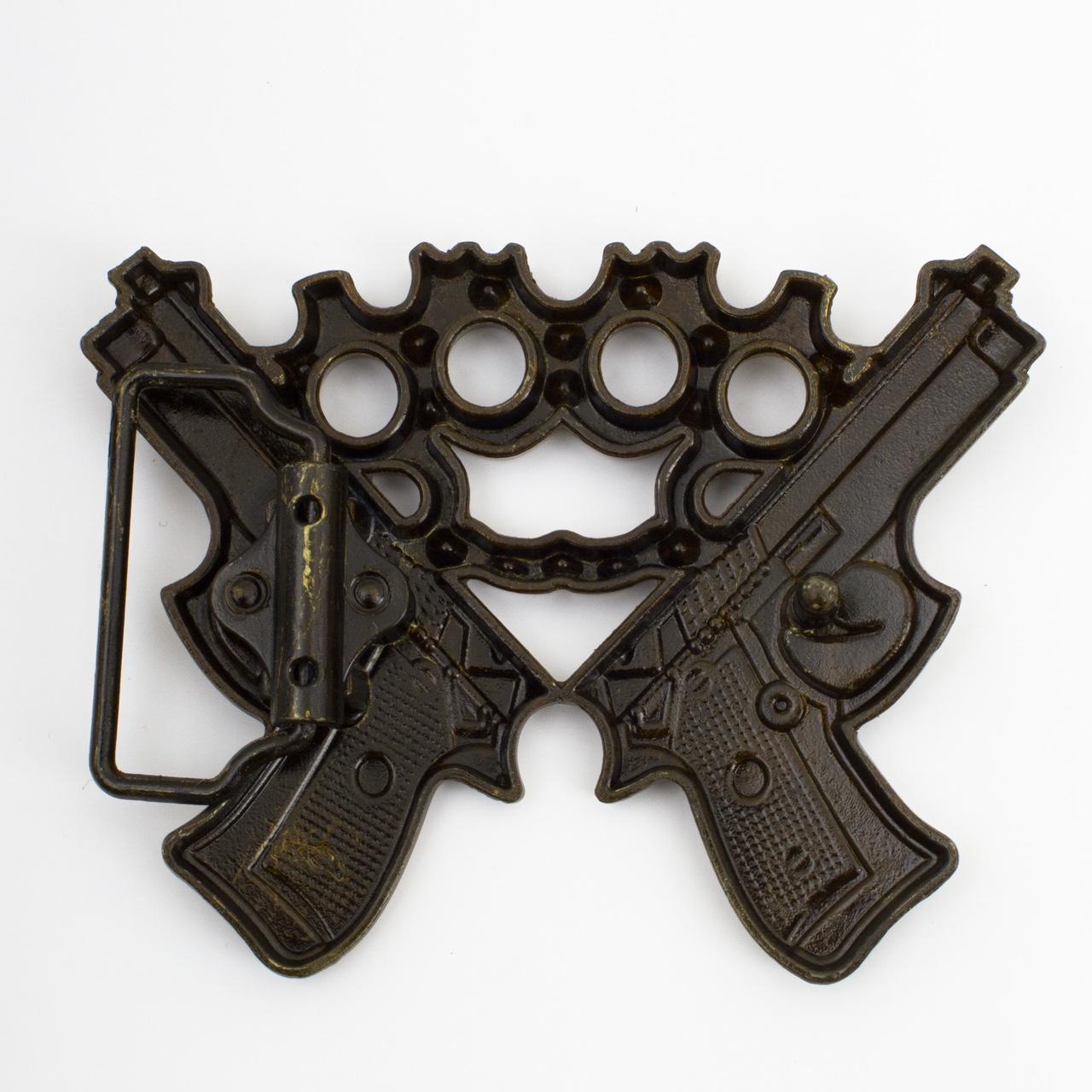 2000s y2k gun brass knuckle belt buckle. Metal,... - Depop