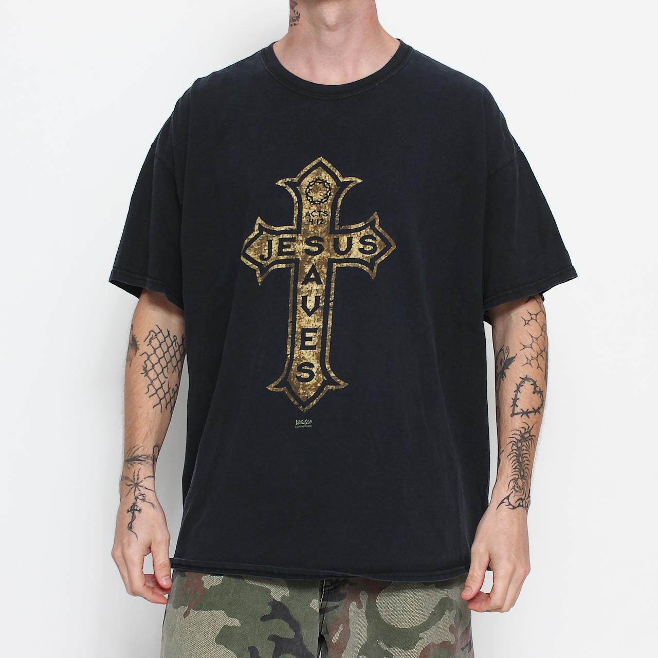 2000s Y2K Jesus Saves tee shirt. Goth black cotton,... - Depop